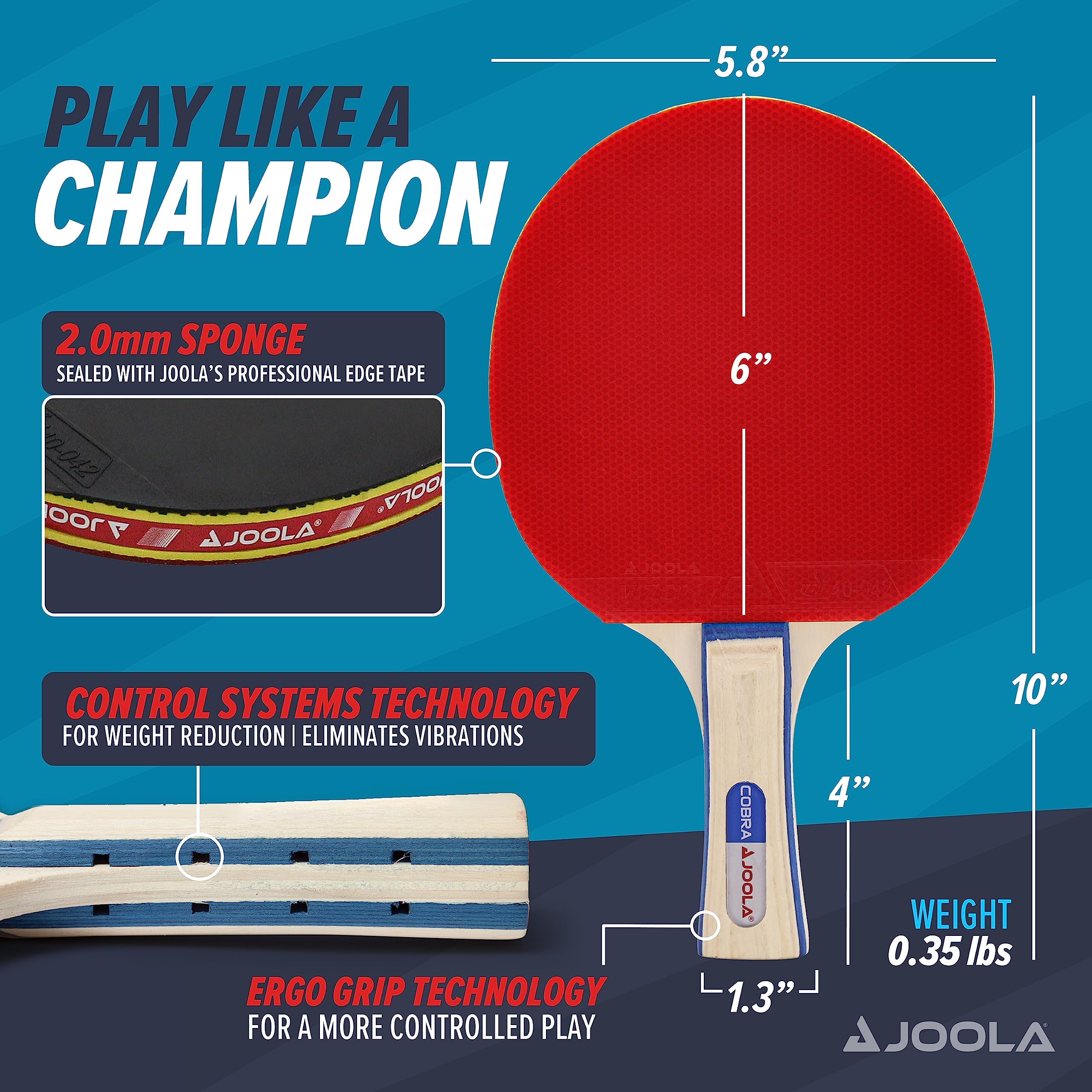 JOOLA Cobra Recreational Ping Pong Paddle - ITTF Approved Table Tennis Rubber - JOOLA Technology Ensures Ideal Ball Control and Spin - Table Tennis Racket for All Skill Levels - Flared Handle Grip