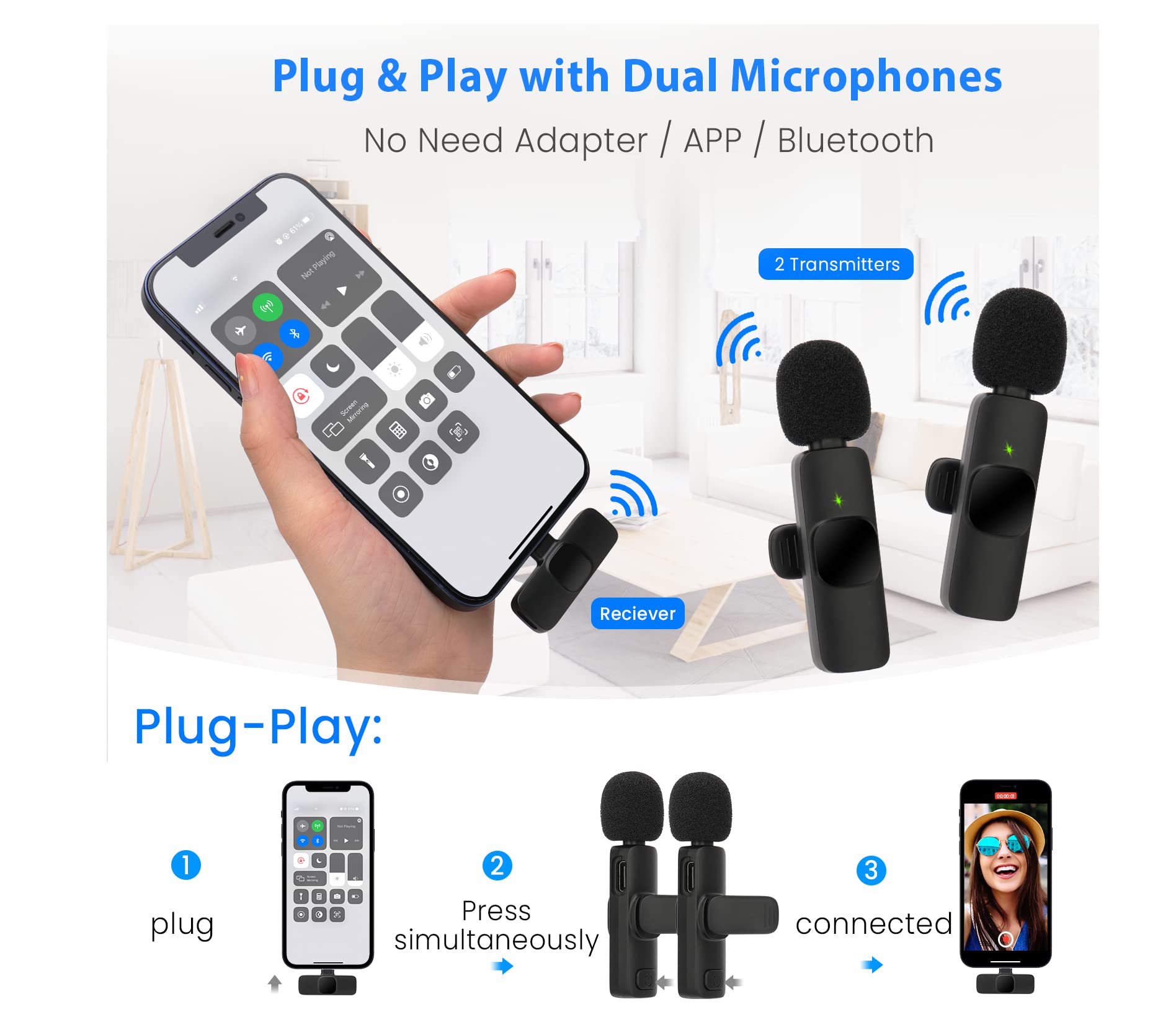 MicroMeta Wireless Lavalier Microphone for iPhone 7 8 X XR XS 11 12 13 Max Pro - 2.4GHz Dual Lapel Mic Recording YouTube Facebook Live Stream Tiktok Vlog Interview, Black