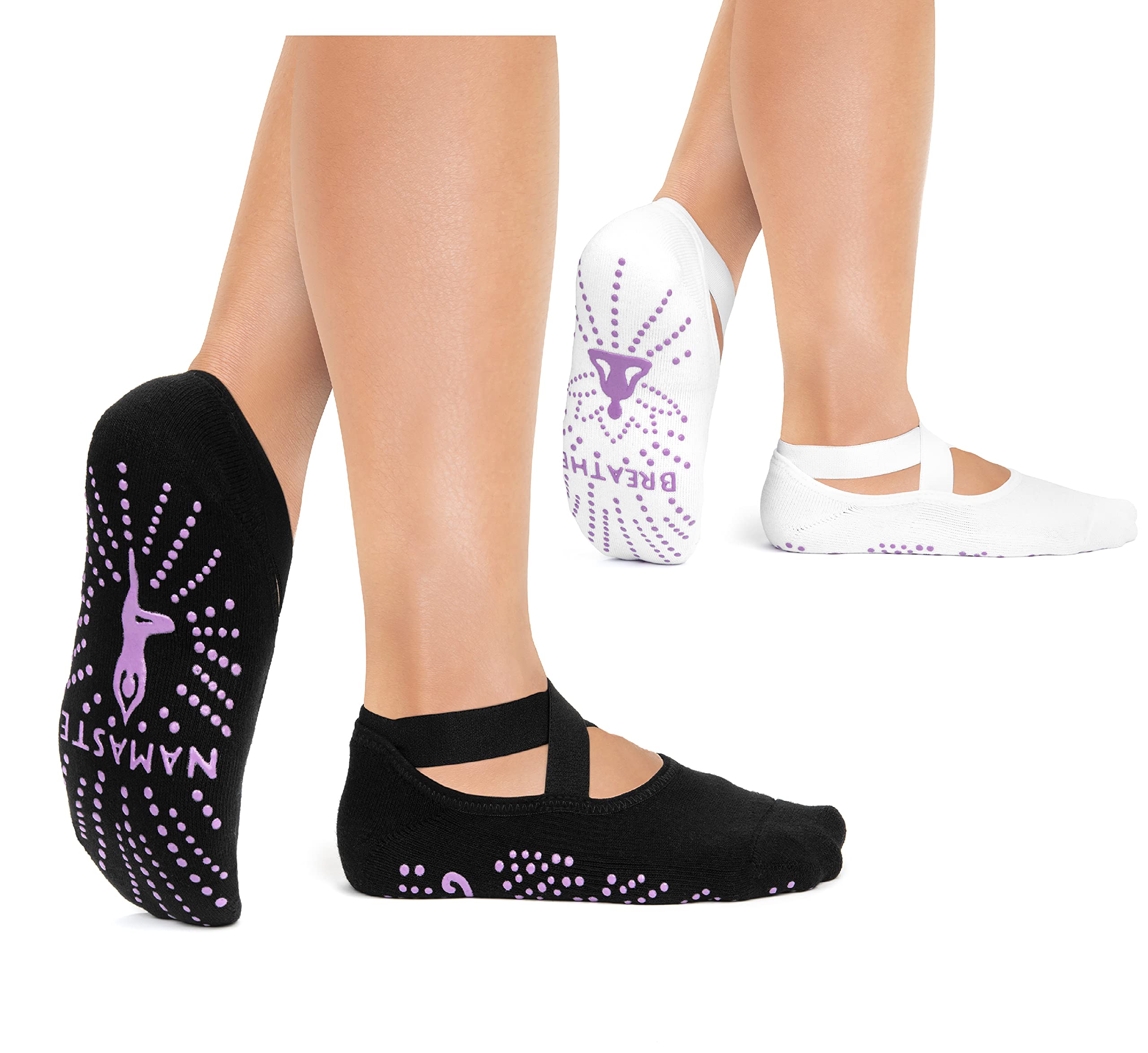 Lavley Yoga Socks for Women with non slip grip Namaste, Breathe, and Sloth Designs (2 Pack - Breathe + Namaste)