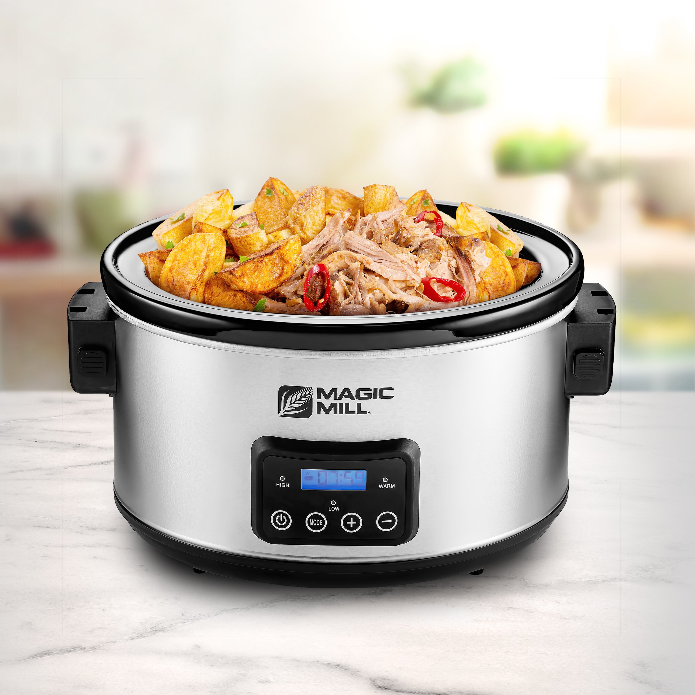 Magic Mill 8.5 Quart Extra Large Programmable Slow Cooker with Digital Adjustable 20 Hour Timer, 3 Cooking Settings, Brushed Stainless Steel, With Intelligent Lid Lock