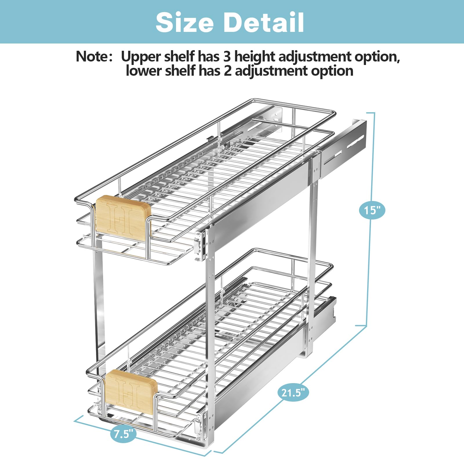 LOVMOR 2 Tier Pull Out Cabinet Organizer 7½" W x 21½" D, Slide Out Drawers with Wooden Handle, Sliding Shelves Organization and Storage for Kitchen, Pantry