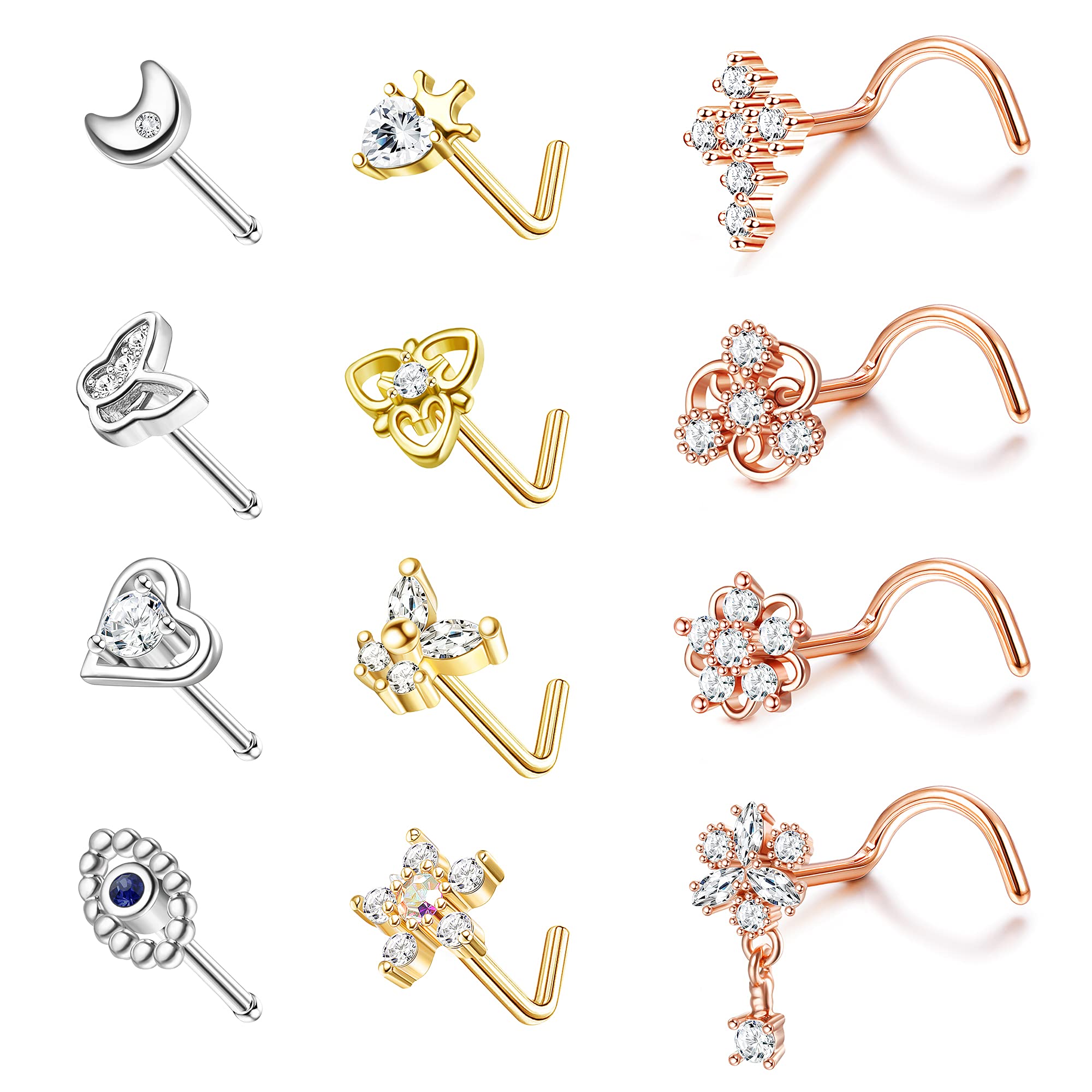 Magitaco 12Pcs 20G Nose Ring Stud L Shape Screw Nose Studs Butterfly Heart Cross Eyil Eye Moon Nose Rings Nose Bone Piercing Nose Stud for Women Men