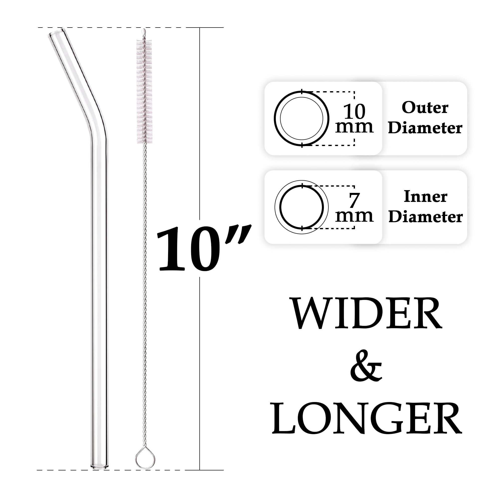 THRISTO Glass Straw 16-Pack- Glass Straws Shatter Resistant 14 Bent, 10”x10mm, 2x Cleaning Brushes- Foam Wrap Secured- Ideal for Hot Coffee & Chilled Smoothie at Home & Party