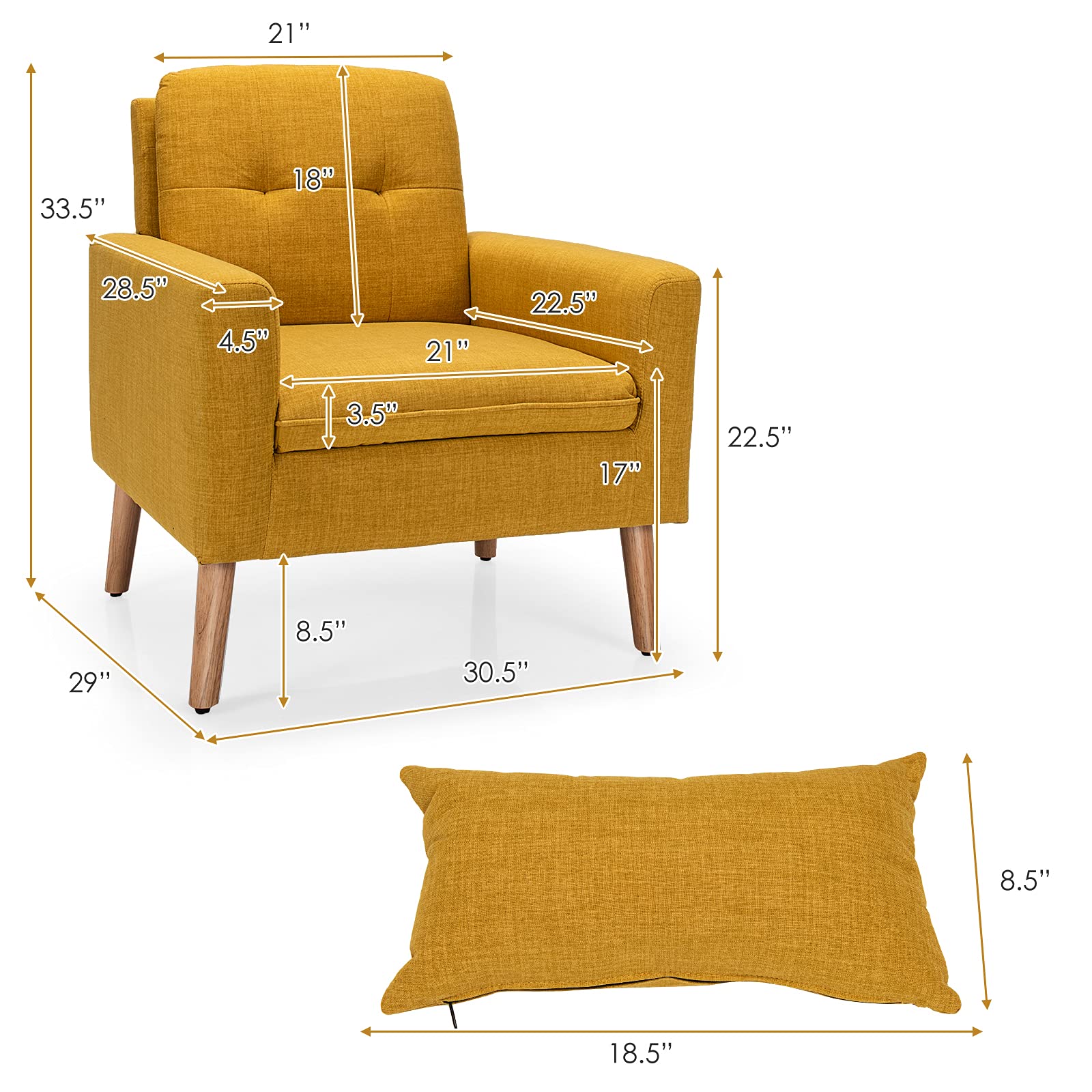 KOMFOTT Tufted Accent Armchair Set of 2, Modern Leisure Chair with Waist Pillow, Comfortable Backrest & Ergonomic Armrest, Breathable Fabric & Soft Sponge, Ideal for Living Room & Office, Yellow