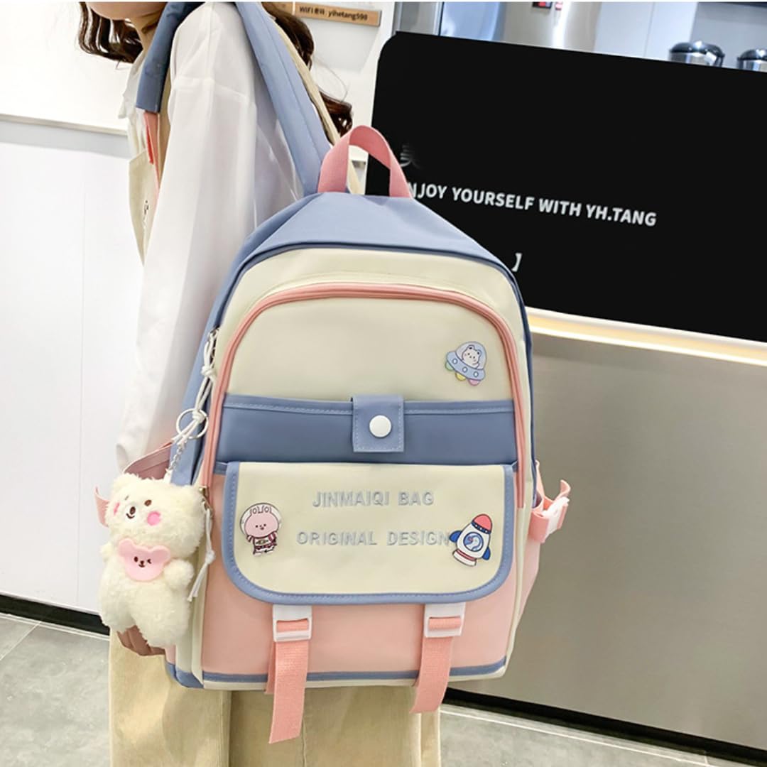 josfey 4Pcs Kawaii Backpack Cute Backpack Aesthetic Backpack Preppy Backpack SetKawaii School Supplies with Accessories (Blue)…