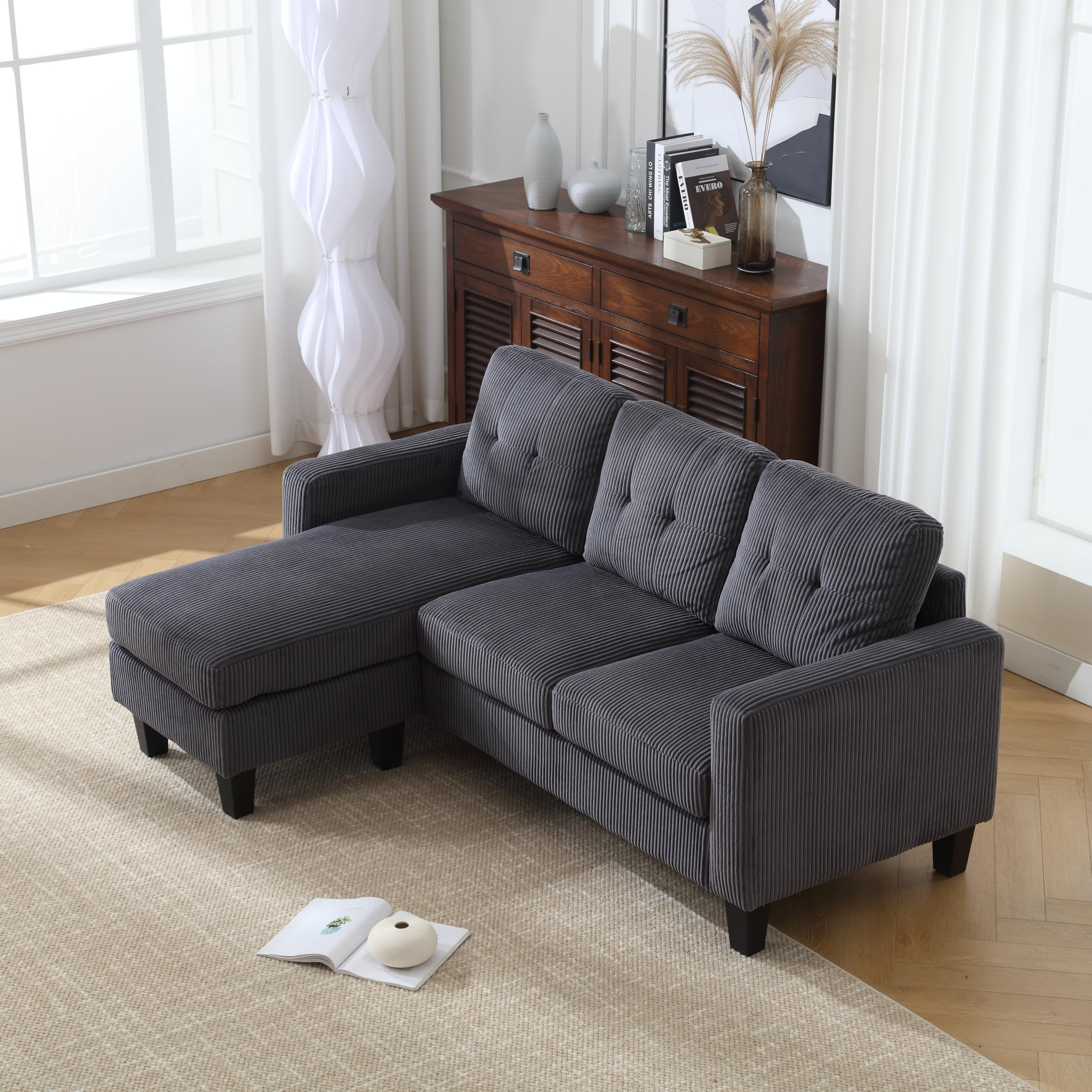Xuanlur L Shaped Couch with Ottoman, Modern Convertible Sectional Sofa with Reversible Chaise, Corduroy Sleeper Sofa Couch for Living Room, Bedroom, Apartment, Lounge, Dark Gray