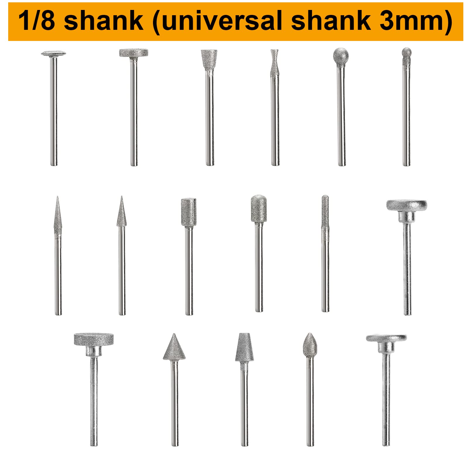 Lawei 50-Pack Diamond Burr Set, 1/8 Inch Shank Diamond Grinding Bits, Polishing Rotary Tools for Carving/Engraving Stone, Rocks, Jewelry, Glass, Ceramics for Rotary Tools, 3mm Mandrel