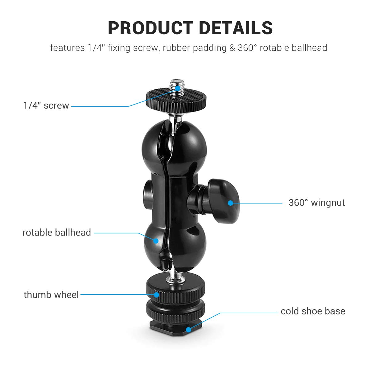 MOSHUSO Ballhead Ball Head Mount w/Cold Shoe Adapter 1/4" Screw, for Field Monitor Microphone LED Light, for Small Camera, Pack of 2