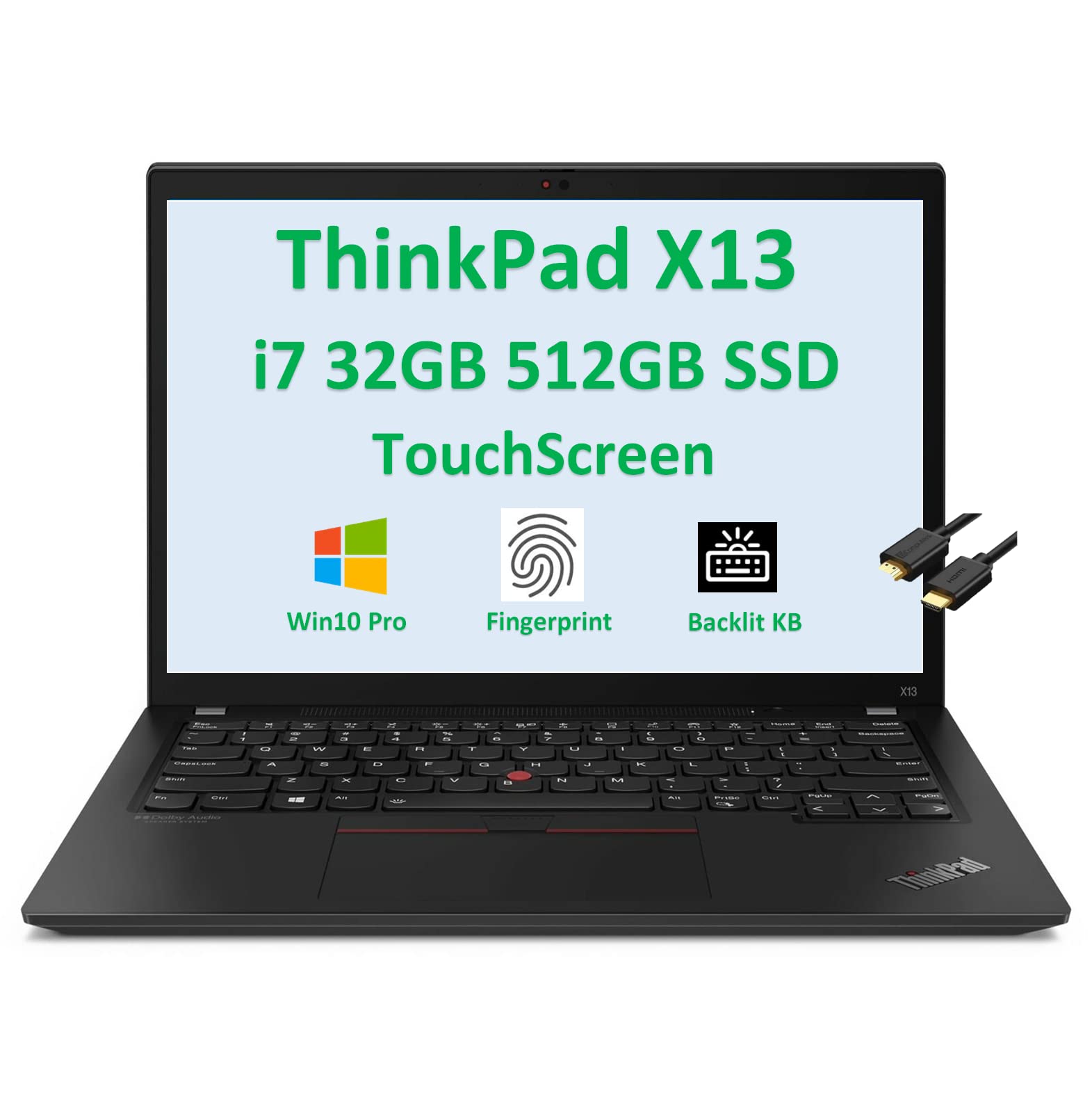 Lenovo ThinkPad X13 13.3" FHD Touchscreen (Intel 4-Core i7-10510U, 32GB DDR4, 512GB PCIe SSD) IPS Slim Business Laptop, Webcam, Fingerprint Reader, Thunderbolt, Backlit Keyboard, Win10 Pro (Renewed)