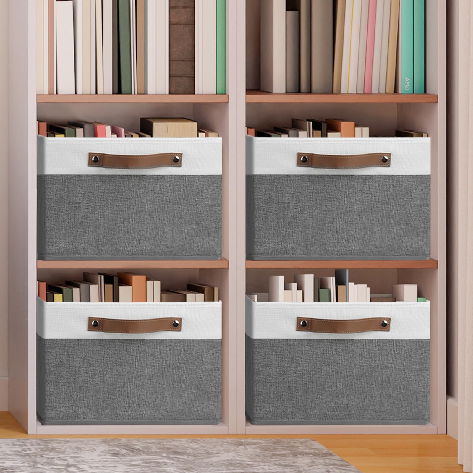 LOVSTORAGE Storage Boxes, 3 Pack Fabric Collapsible Storage Organizer Container with Leather Handle, 13 x 9 x 8 inch Rectangular Storage Bins Baskets for Shelves Home Nursery, Office, White/Grey