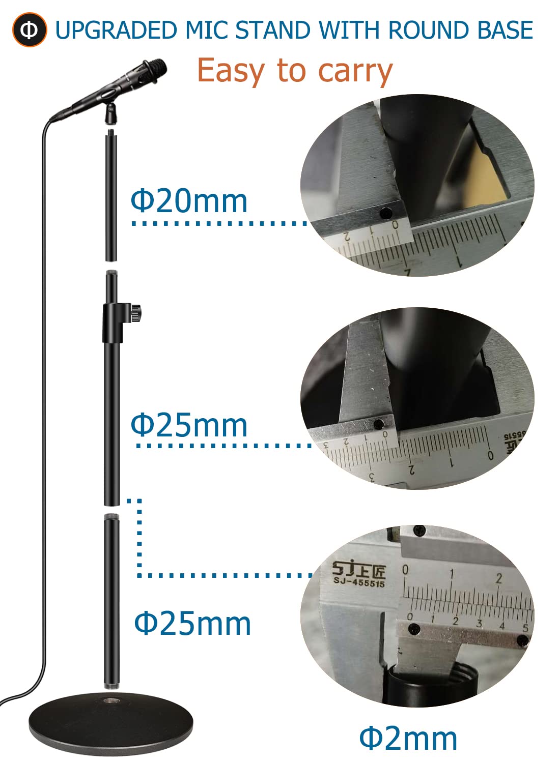 Microphone Stand, Detachable Weighted Round Base Mic Floor Stand with Boom Arm Pop Filter Mic Clips 3/8" to 5/8" Adapter Cable Ties, Height Adjustable from 48" to 63" for Snowball Blue Yeti