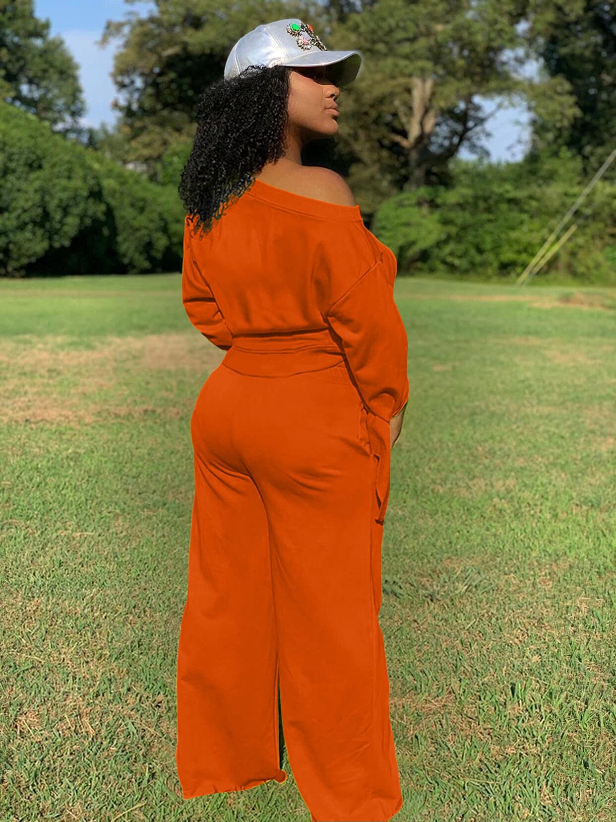 Molilove Women’s Solid Sweatsuit Set 2 Piece Long Sleeve Bandage Pullover and Drawstring Sweatpants Workout Outfits Sets Orange Medium