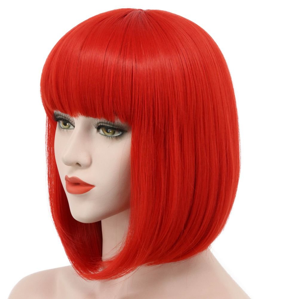 karlery Women Short Straight Bob Red Fasion Wig Flat Bangs Cosplay Party Wig