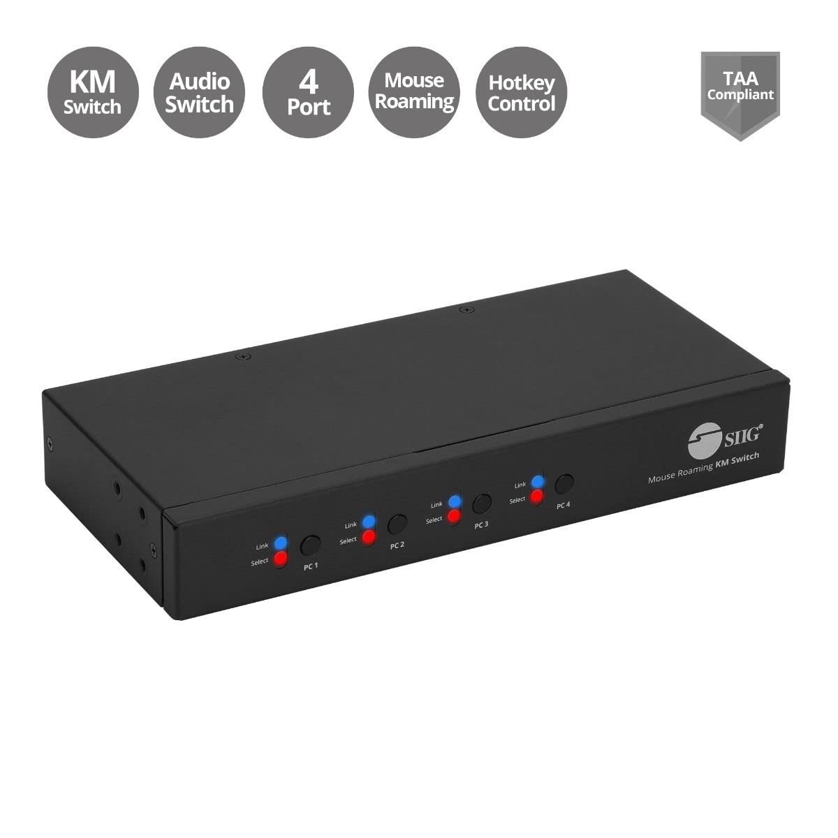 SIIG 4-Port Quad Computers Keyboard and Mouse Roaming Control Switch with USB 2.0 Hub, KM Switch, Support Windows, Mac and Linux Switch Button, Hotkeys,TAA Compliant (JU-SW4311-S1)