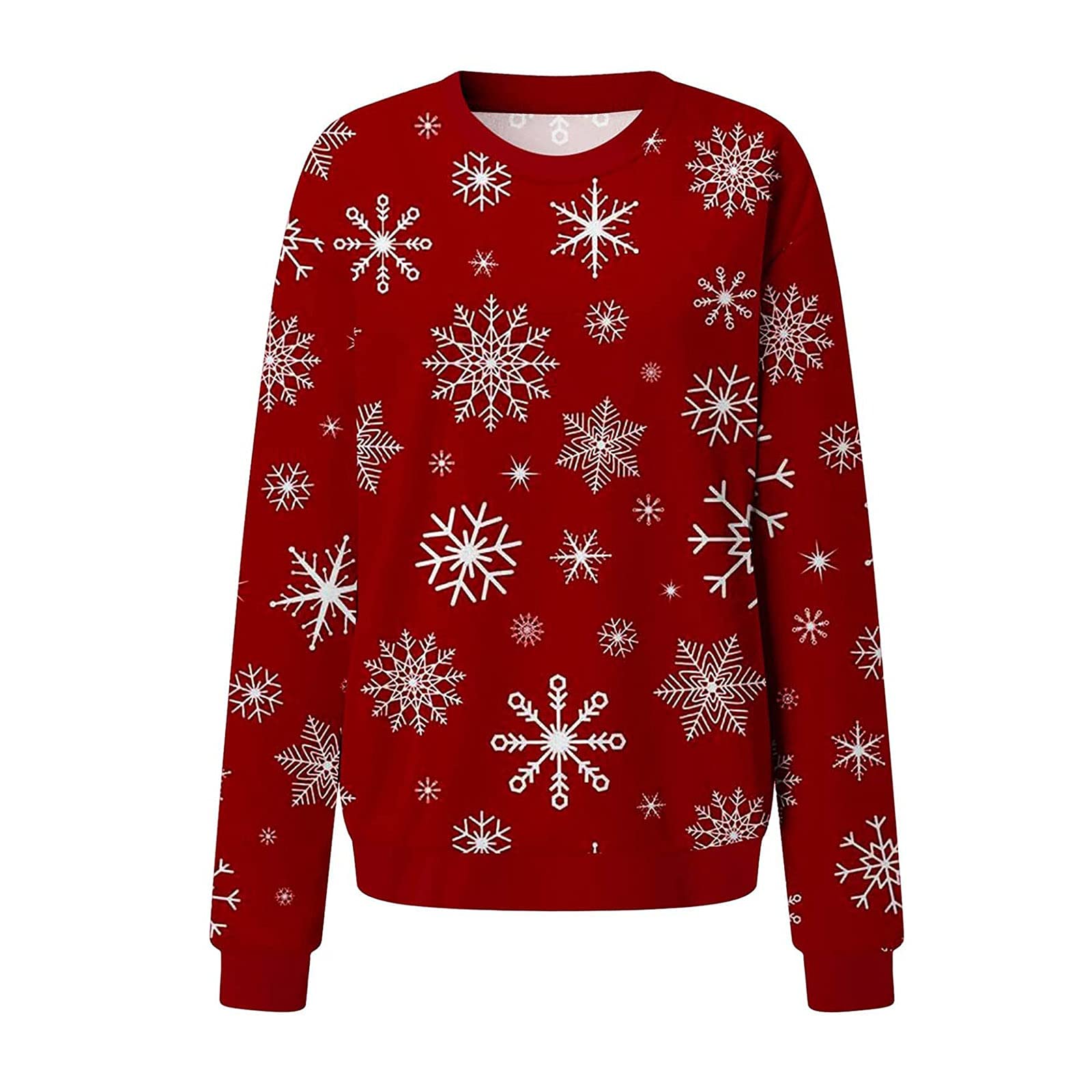 mnevn Fall Christmas Long Sleeve Sweatshirt, Shirt Tops for Women Casual Snowflake Print Crewneck Pullover Fashion Blouses Red