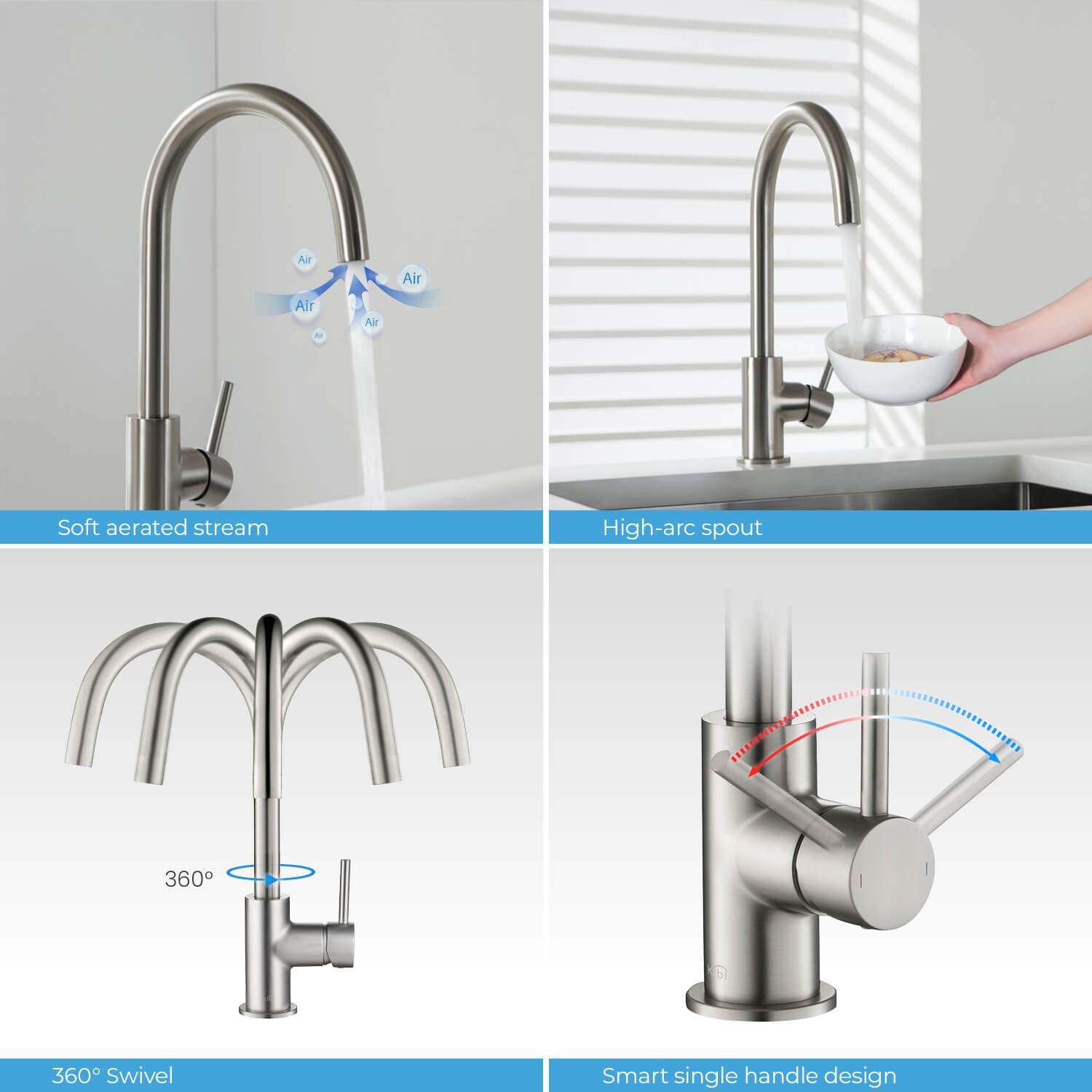 KIBI Lowa Single Handle Bar Sink Faucet with 360 Degree Swivel Spout | Single Hole High Arc Faucet for Kitchen Sink (Brushed Nickel) (KKF2001) (Soap Dispenser included)