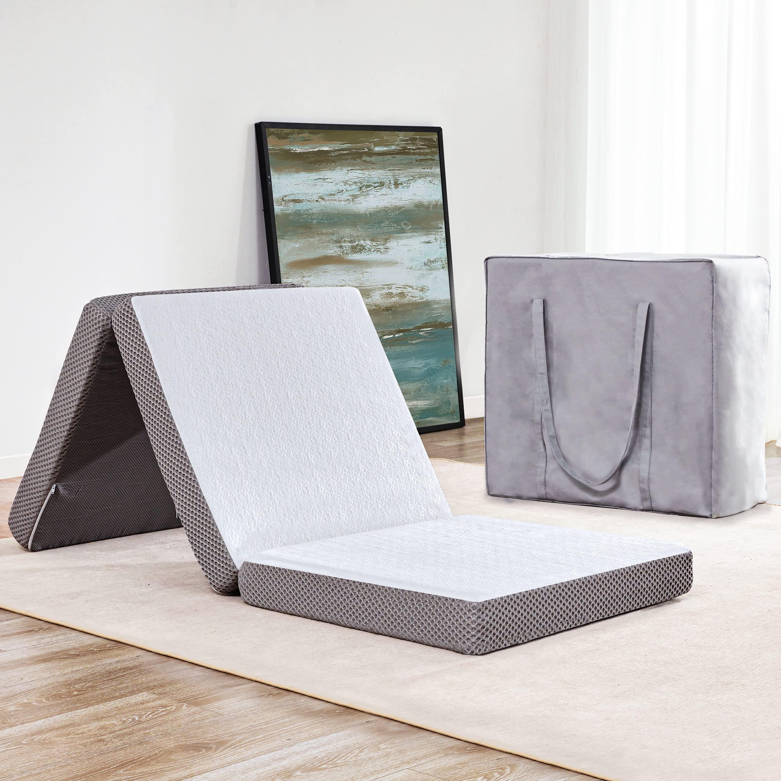 Kingfun Folding Mattress, 3 inch Tri-fold Memory Foam Mattress Topper with Washable Cover,Folding Mattress CertiPUR-US Certified, Play Mat, Foldable Bed, Guest beds, Camp Portable Bed,single