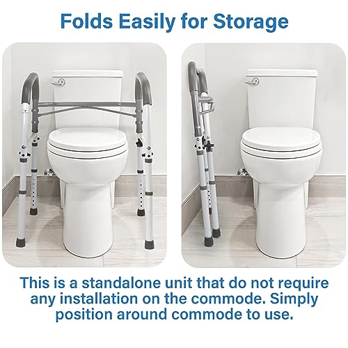 Vaunn Deluxe Folding Safety Toilet Rail, Adjustable and Foldable Toilet Safety Frame, Bathroom Handrail Assist Grab Bar Handle, Gray