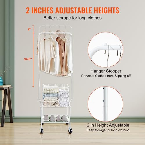 VEVOR Metal Rolling Laundry Basket with Hanging Garment Rack, Laundry Hamper Cart Adjustable Height with Basket Load and Shelf Load, Storage Organizer with Heavy Duty Lockable Wheels