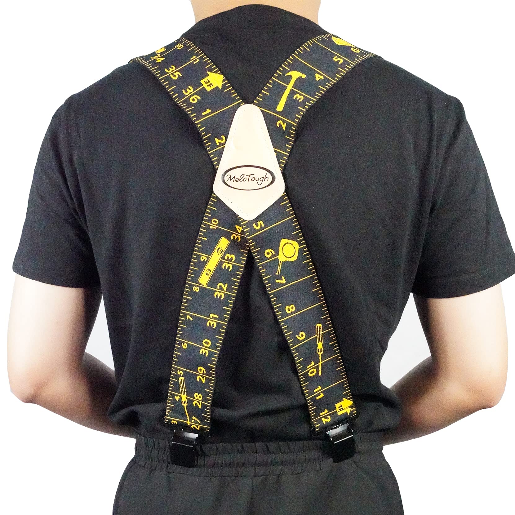MELOTOUGH Tool Belt Suspenders Work Suspenders 2" Wide Adjustable and Elastic Braces X Shape with Very Strong Clips - Heavy Duty tape measure suspenders for men (Black Tape)
