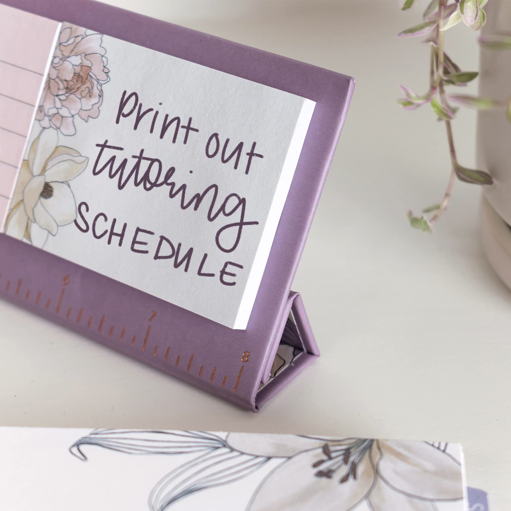 Magnetic Sticky Note Stand - Flora. Includes 3 Pads w 30 Sticky Notes Each. 8" Ruler Built-in. 8.25" W x 2/75" H x 1.25" D Assembled. Standing Sticky Notes Set by Erin Condren.