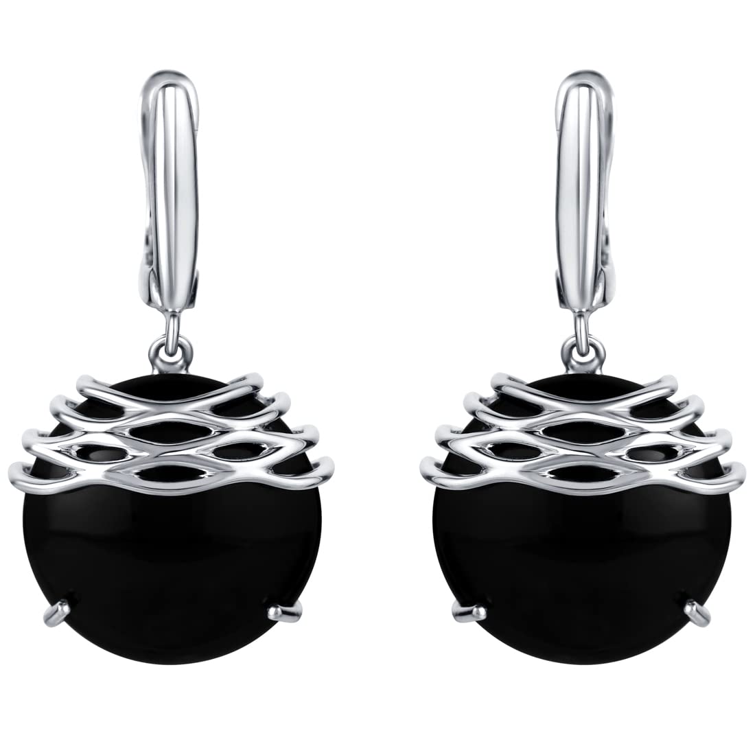 Peora 925 Sterling Silver Round Black Onyx Waves Dangle Earrings for Women, Hypoallergenic Fine Jewelry