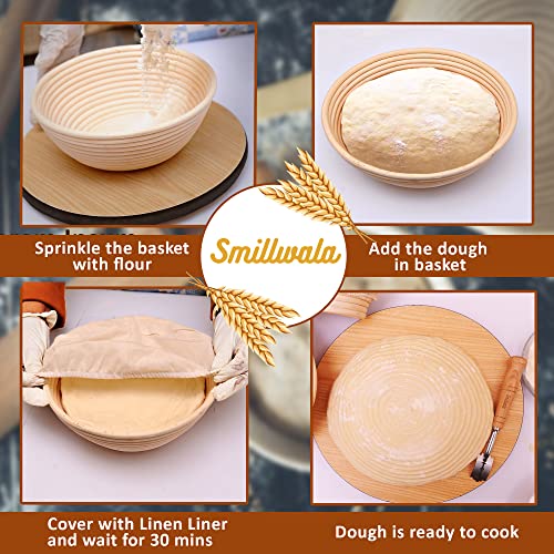 Set of 2 Banneton Bread Proofing Basket 9β Round, 10β Oval with Maximum 9 Bread Making Tools and Supplies by SMILLWALA Proofing Baskets for Sourdough Bread Baking Supplies Kit (Oval and Round)