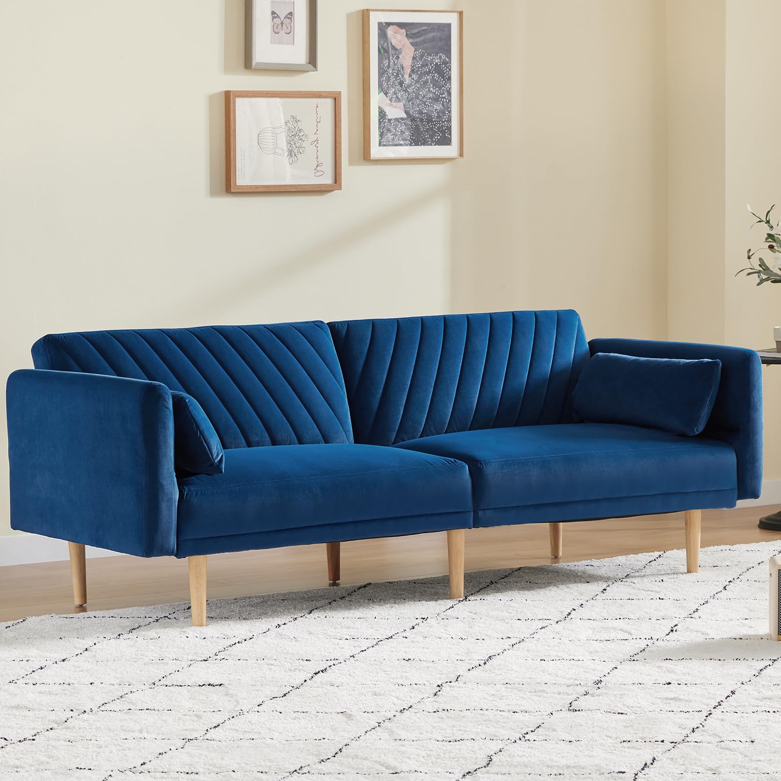 WILLOVE 78'' Velvet Futon Sofa Bed, Convertible Sleeper Bed with Adjustable Armrests and Backrest, Loveseat Sleeper Sofa with 2 Pillows, Modern Futon Couches for Living Room, Blue