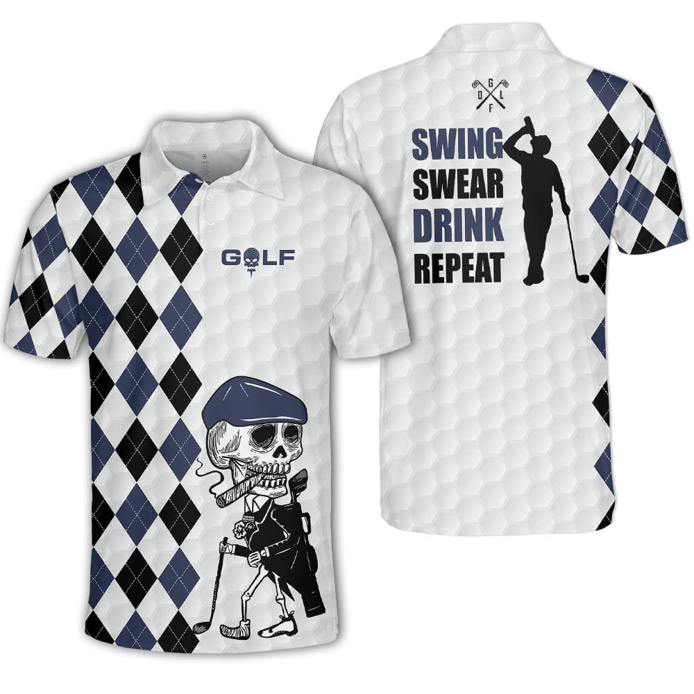 Nidulo Skulls Shirts for Men Swing Swear Look for Ball Repeat Crazy Golf Shirts for Men Argyle Golf Shirts for Men Gifts