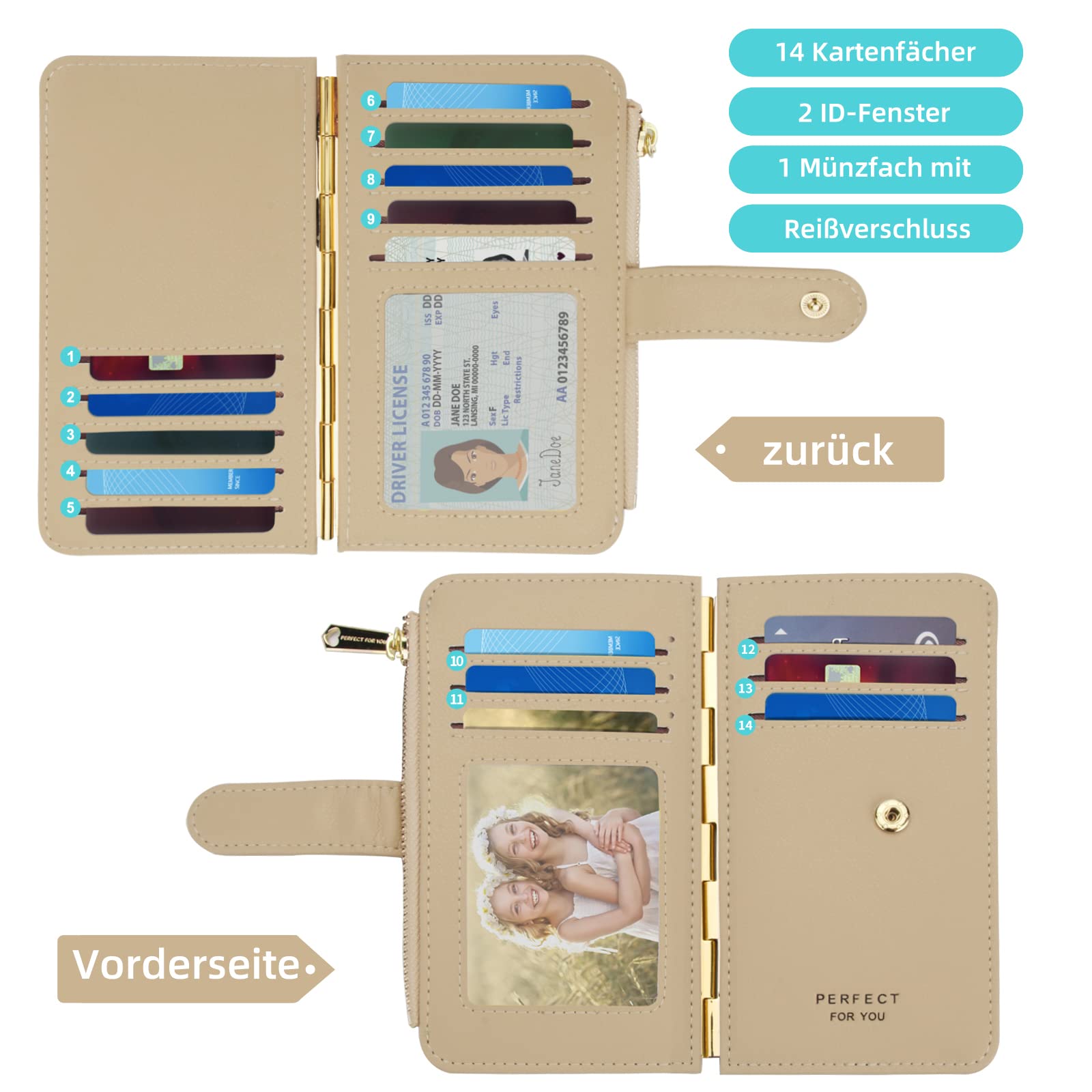 PERFECB FORYOU Slim Womens Credit Card Holder-RFID Blocking- Bifold Multi Card Small Wallet for Women Minimalist Card Holder Wallet (Khaki)