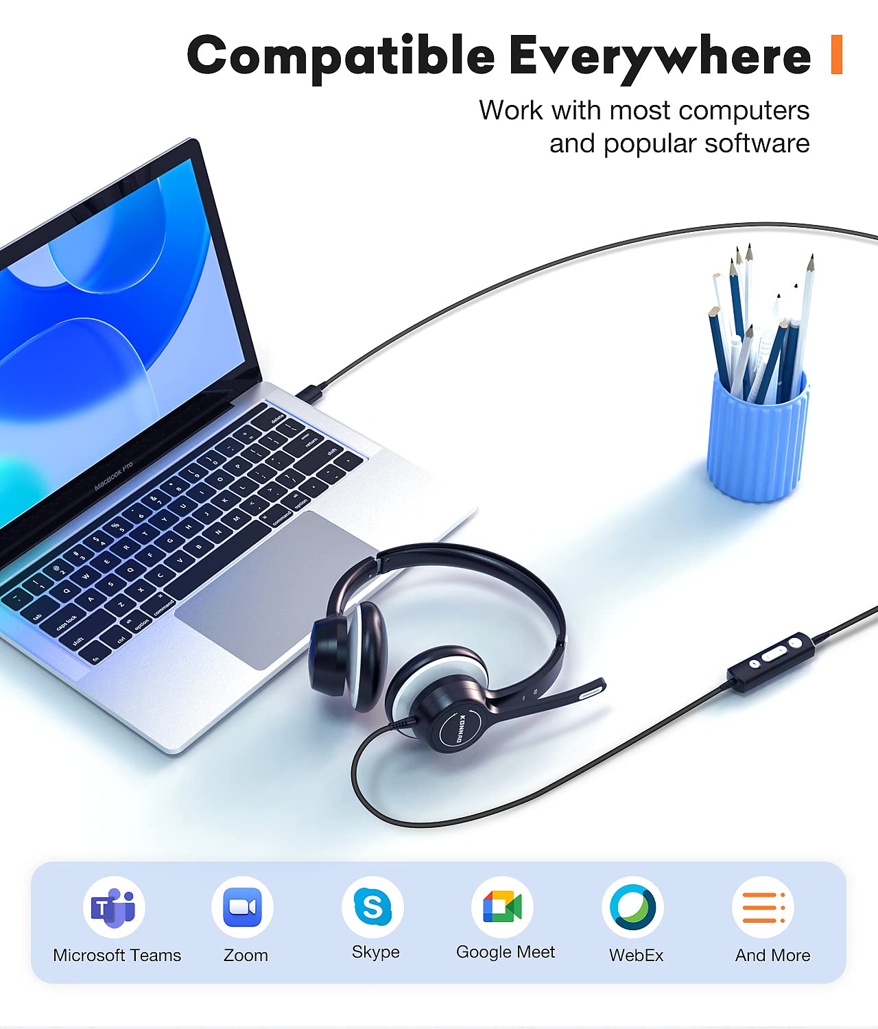 KONNAO USB Headset with Microphone, 3.5mm Wired Computer Headsets with Noise Cancelling Microphone, Stereo Headphones with MIC for PC, in Line Controls, Work Headset for Skype Zoom Tablet Laptop