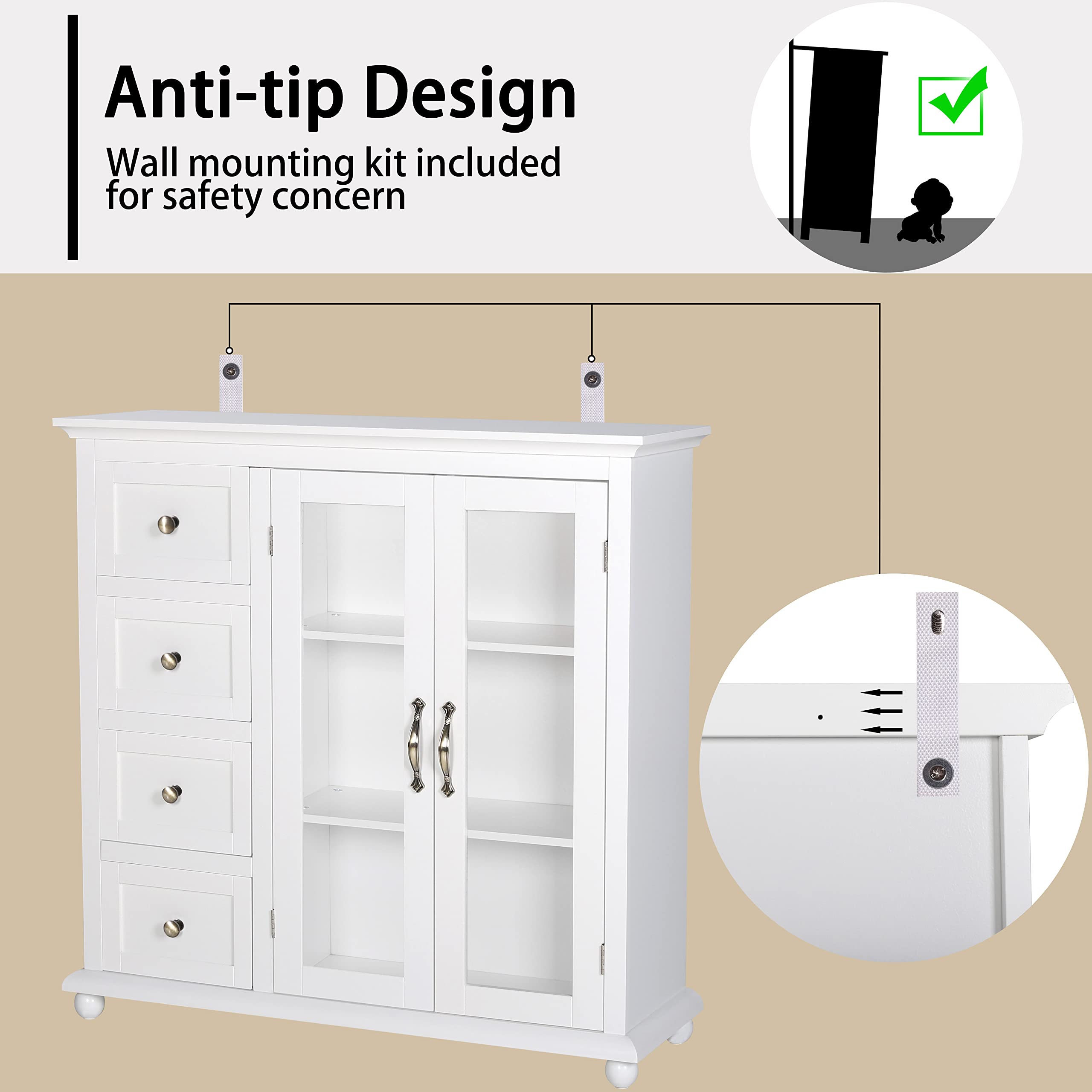 MUPATER Kitchen Buffet Sideboard Storage Cabinet, Floor Cupboard Cabinet with 2 Glass Doors and 4 Drawers for Home Dining Room, Living Room and Entryway, Dark Grey