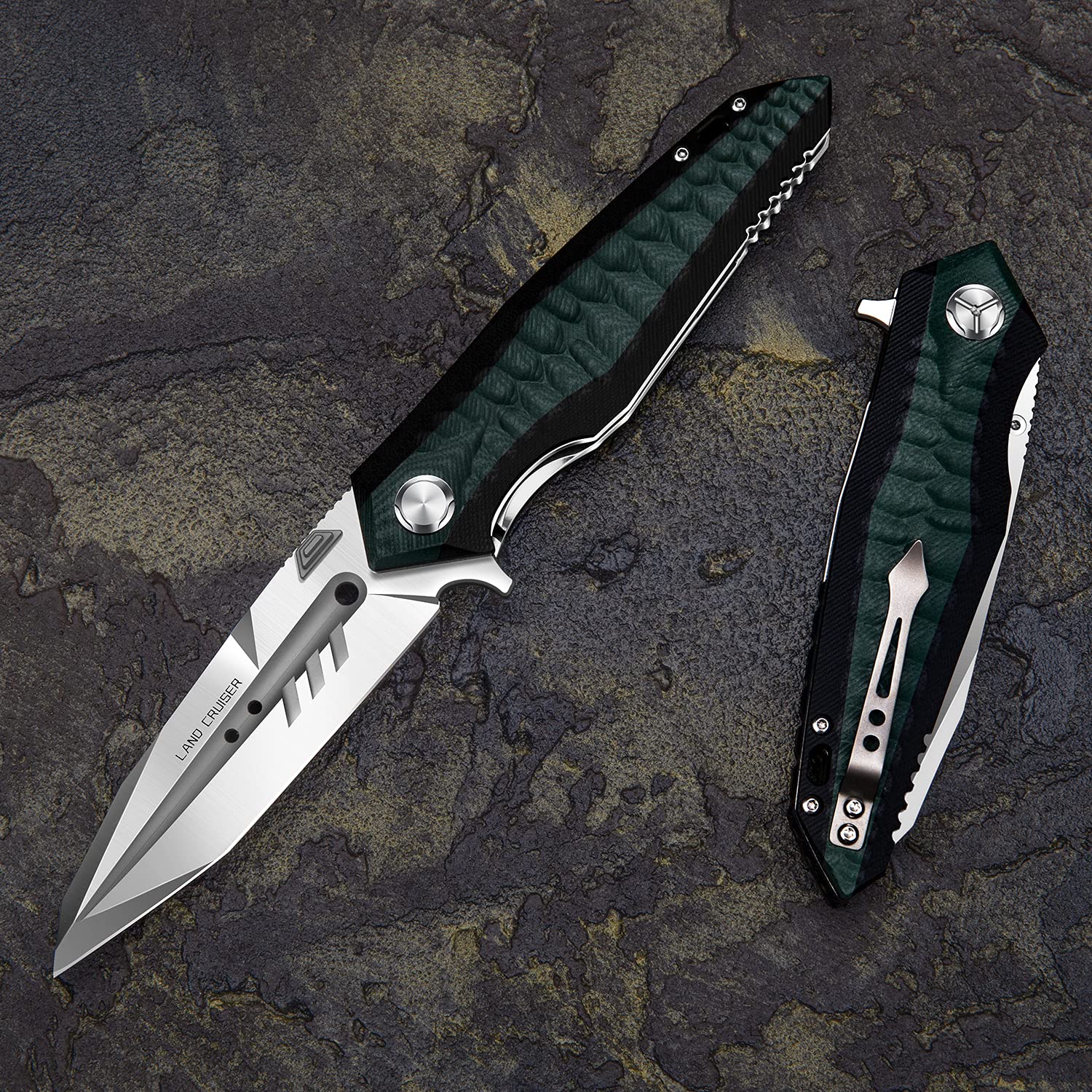 NEWOOTZ folding pocket knife with 4in d2 tool steel blade,liner lock g10 handle,edc camping hunting knives with clip for men and women (green)