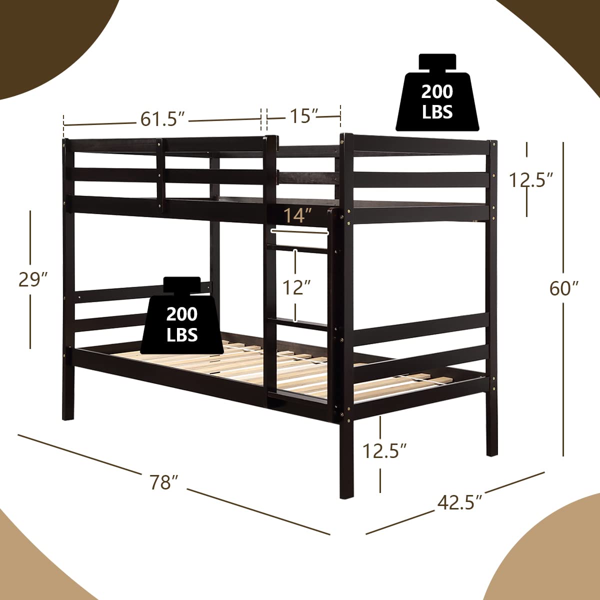 KOTEK Twin Bunk Bed, Solid Wood Twin Over Twin Bunk Bed Frame for Kids Teens, Children Bunk Beds with Ladder & High Guardrails (White)