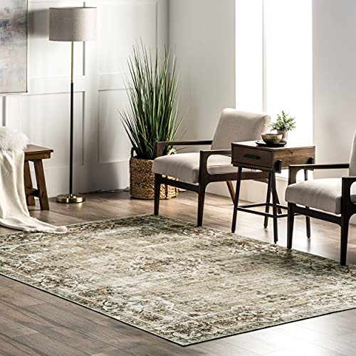 nuLOOM Paisley Machine Washable Faded Floral Border Medallion Ultra Thin Area Rug, 8' x 10', Beige