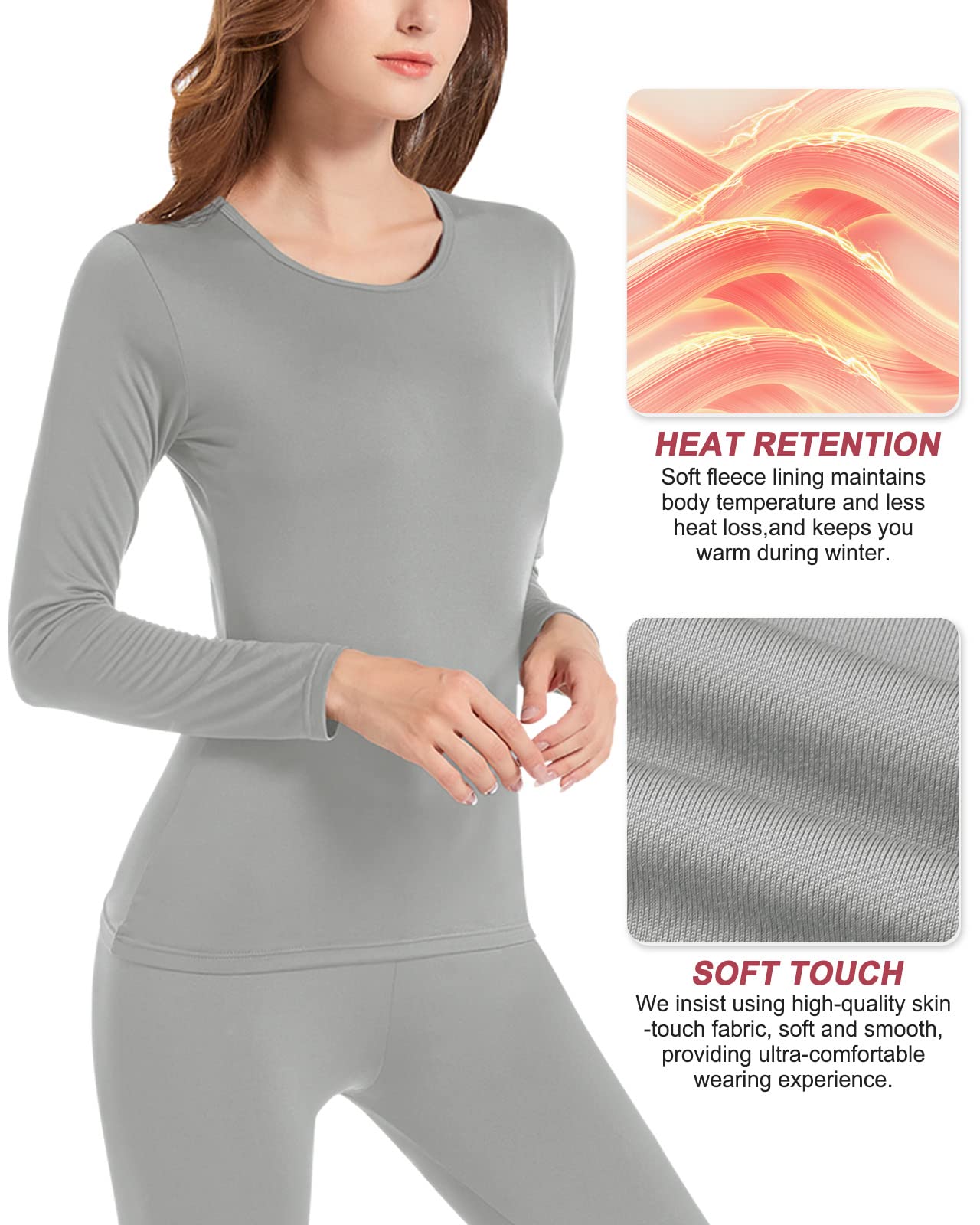 MRIGNT Women's Thermal Underwear Set, Soft Polyester Fleece Lined Base Layer Long Johns Top & Bottom Lightgrey
