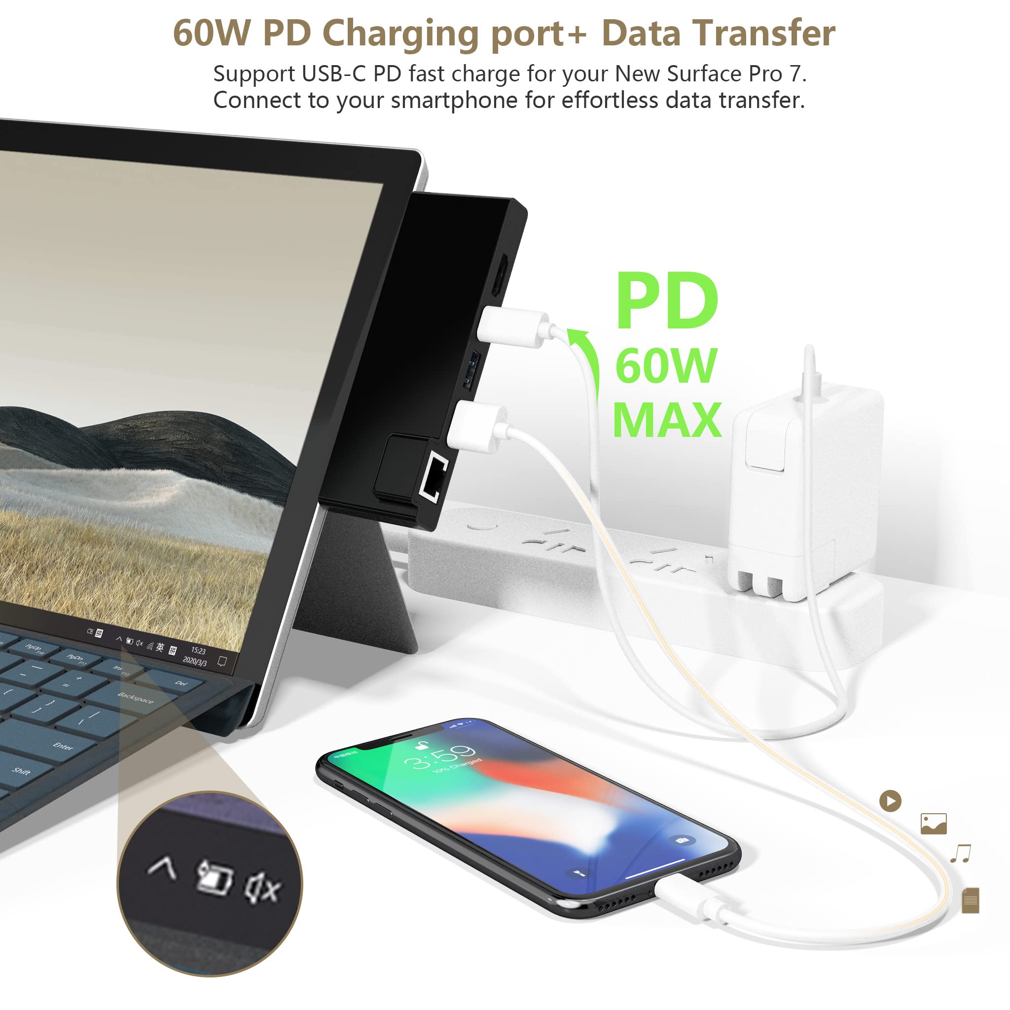 Surface Pro 7 Docking Station with 4K HDMI Adapter+RJ45 Ethernet LAN+ USB C PD Charging +2 Port USB 3.0+SD/TF(Micro SD) Card Reader Converter Combo Hub Adaptor for Microsoft Surface Pro 7