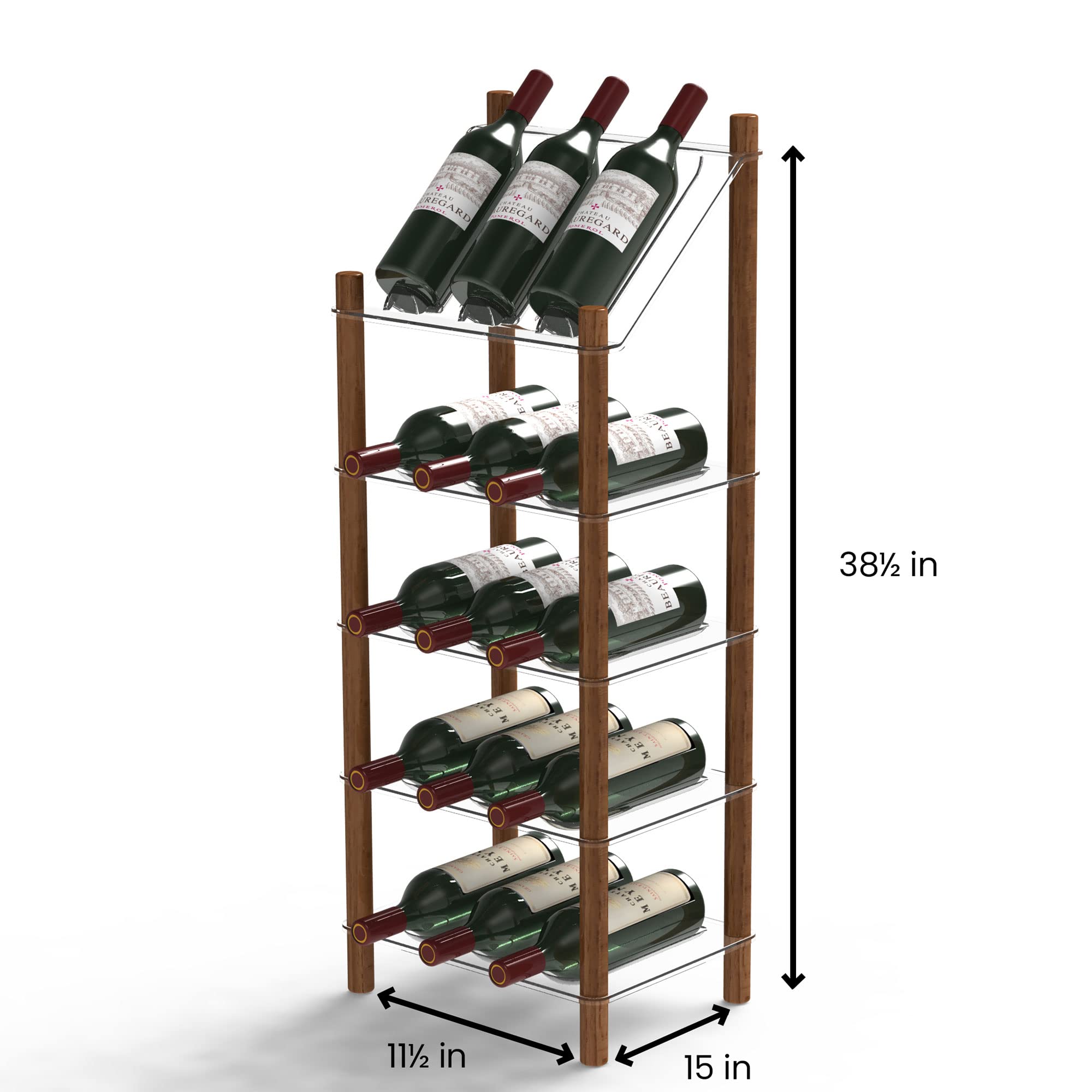 Life Story MyWinebar 15 Bottle Wine Holder Wood Frame Floor Storage Rack Display Stand with Tilted Top Shelf and 4 Flat Display Shelves