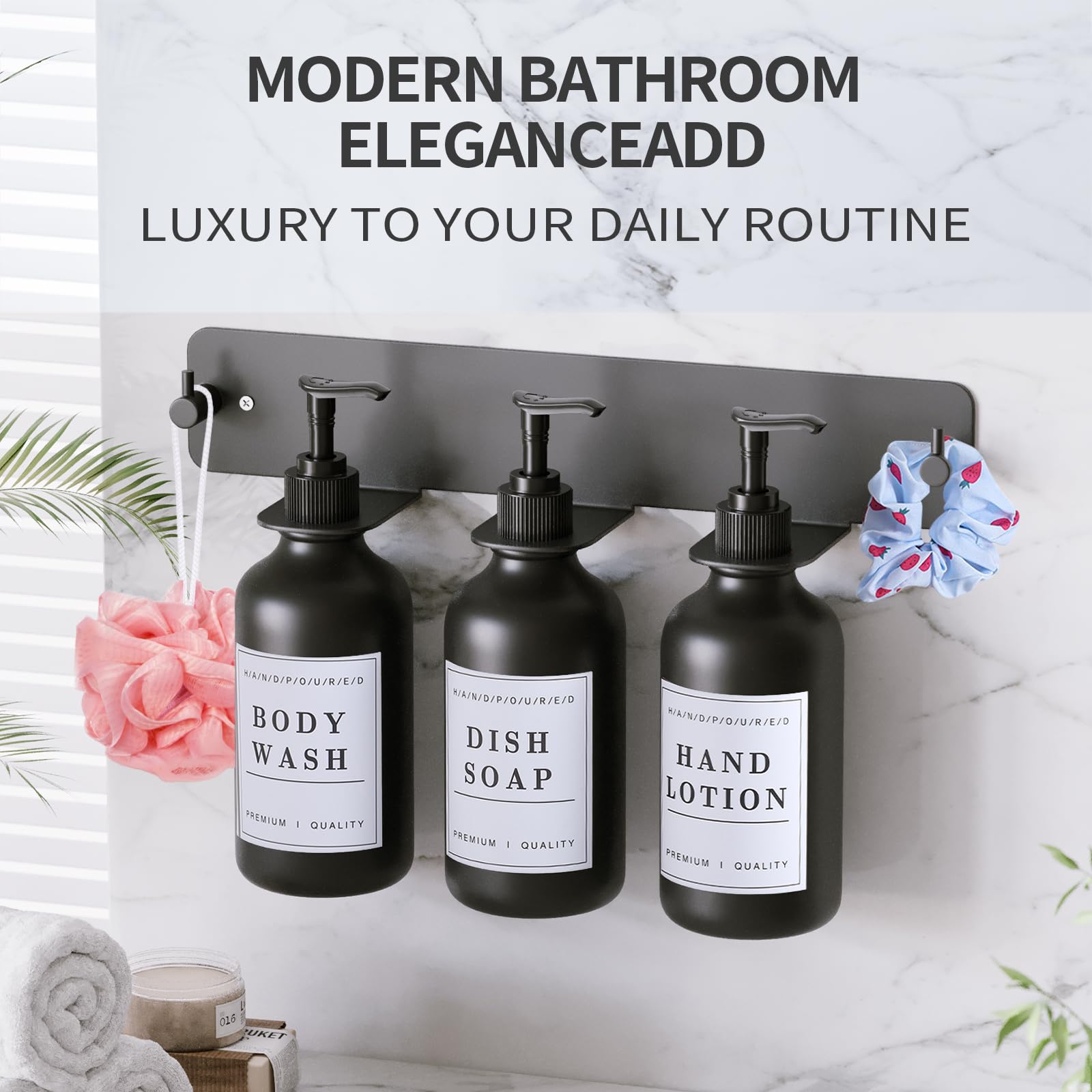 XLHOMO Shampoo and Conditioner Dispenser, Matte Black Body Wash Shower Soap Dispenser Wall Mounted 3 Chamber with Labels Bath Sponge, Drill Free 17oz Plastic Shower Bottles Refillable for Bathroom