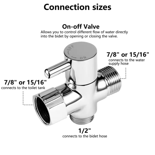 SOMDARHK Bidet T Adapter, Brass T Adapter with Shut-Off Valve, 3 Way Tee Connector 7/8" 16/15" 1/2” Leakproof T-Valve Adapter for Toilet Bidet Sprayer