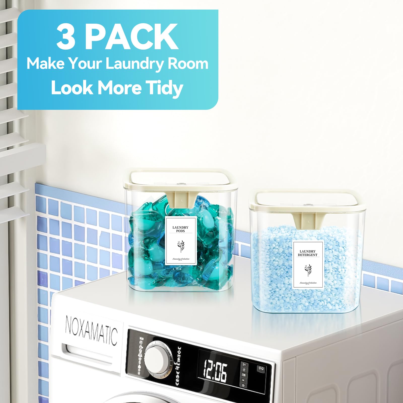 XMBecc 3 Pack Dryer Sheet Holder and Laundry Pods Container For Laundry Room Organization,One-Click Pop-Up Design Laundry Room Storage,Laundry Pod Holder For Dryer Sheet, Laundry Powder (Clear Grey)