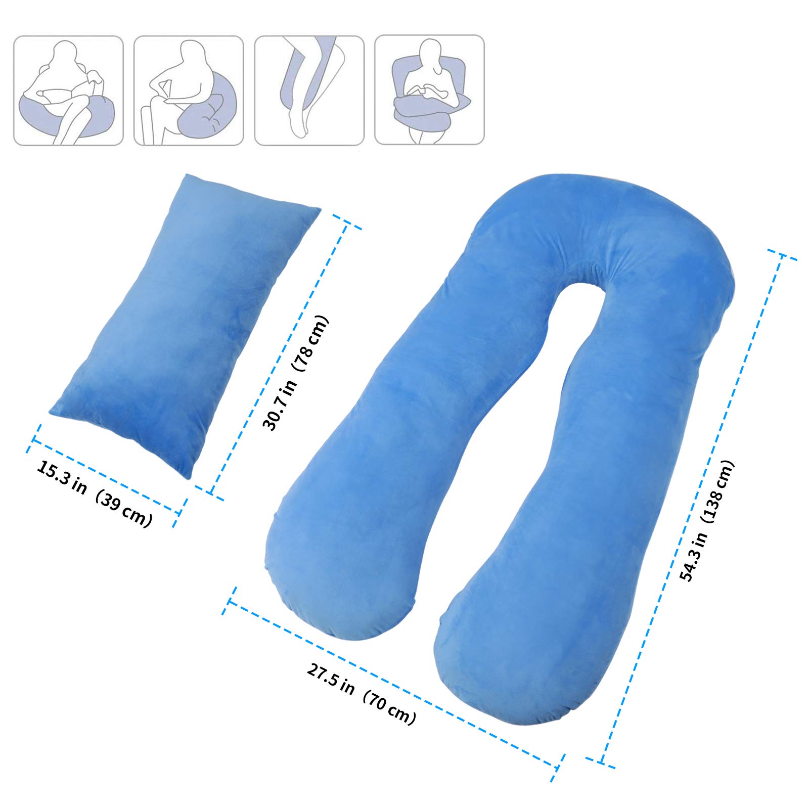 Mandzixin Pregnancy Pillow, Maternity Body Pillow with Velvet Separate Support Pillow Removable Cover,Side Sleeping and Back Hips, Legs Support for Pregnant Women (Light Blue, U Shaped+Body Pillow)
