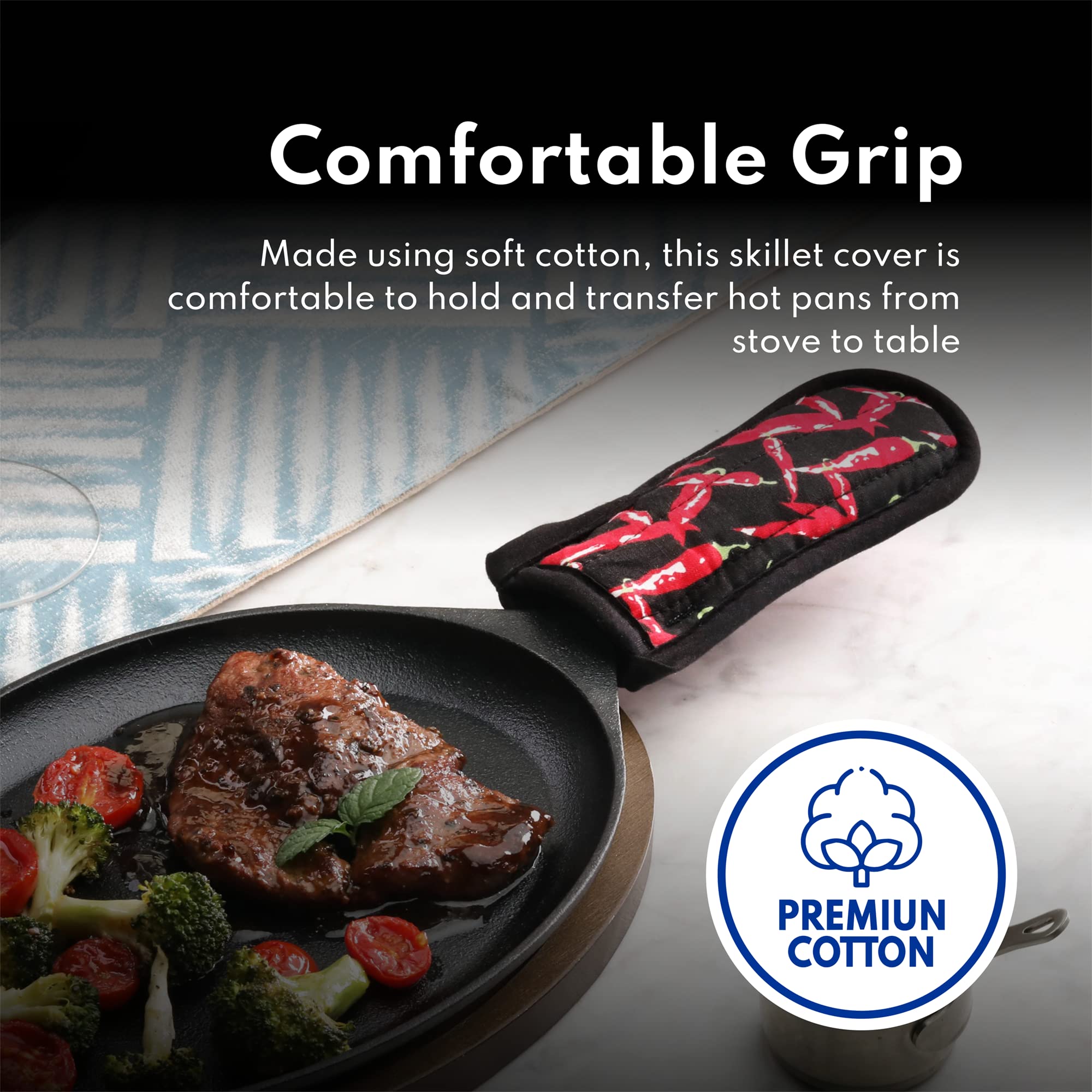 New Star Foodservice 1028744 Commercial-Grade Hot Skillet Handle Cover Holder, Hot Handle Holders/Mitts, Red Peppers Pan Cotton Handle Sleeve, Set of 6