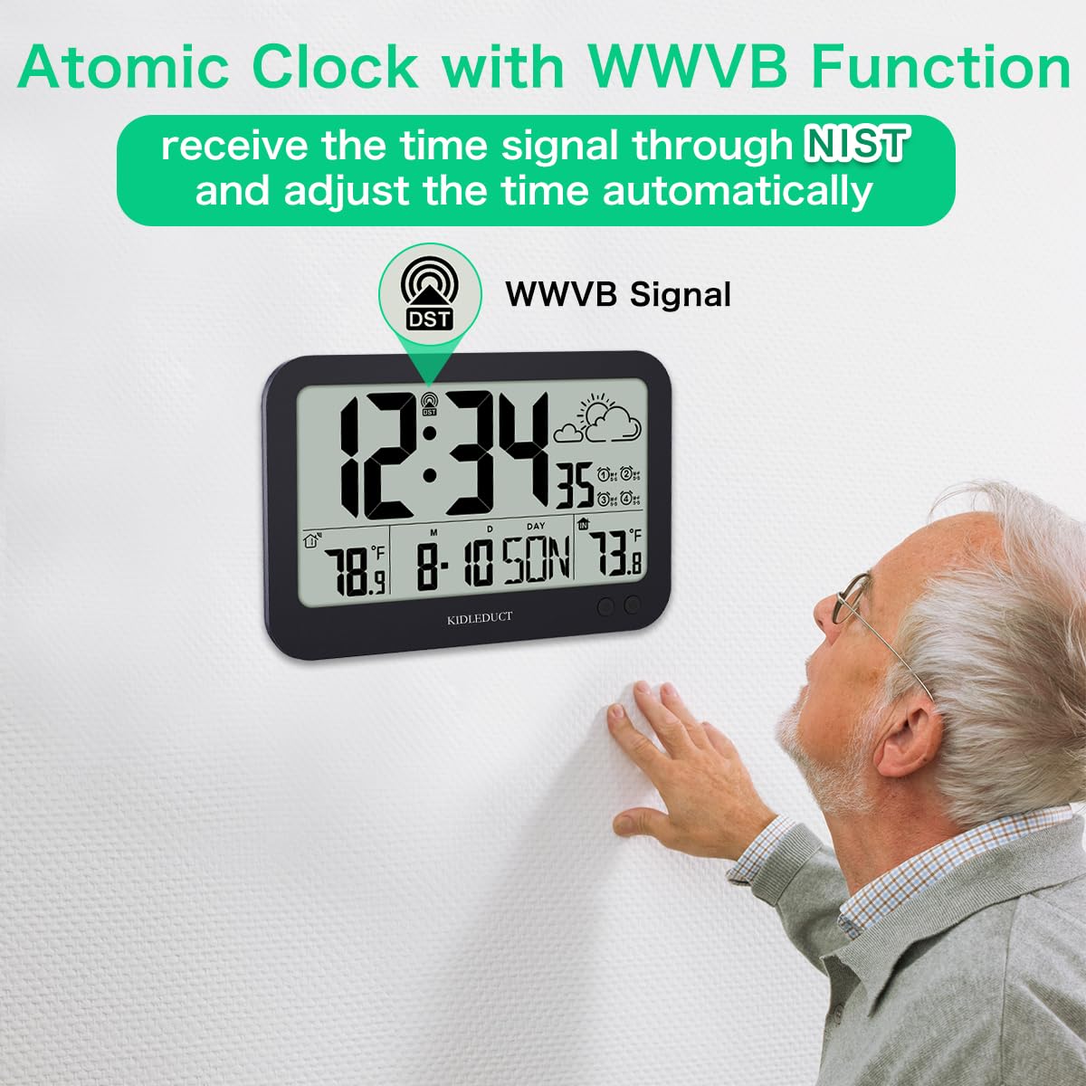 KIDLEDUCT Digital Wall Clock Battery Operated, Atomic Desk Clocks with Temperature Indoor Outdoor, 8.5" Large Display Weather Forecast Thermometer with 4 Alarms, 330ft Wireless
