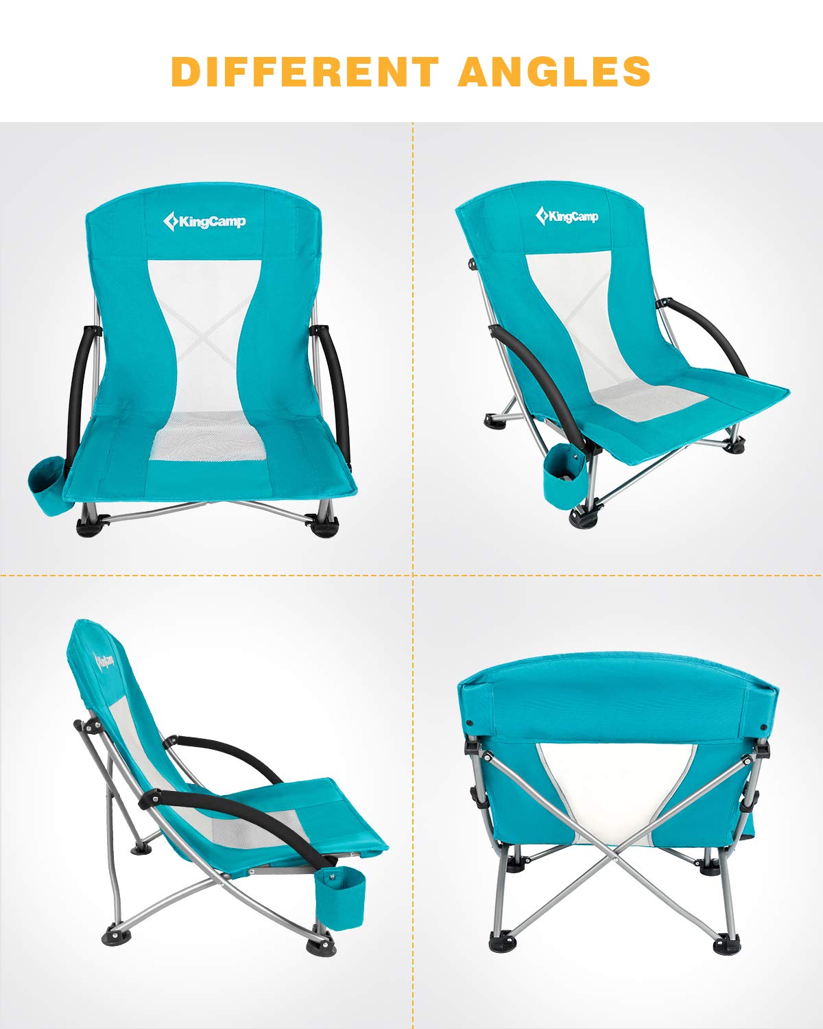 KingCamp Profile Beach, Foding Portable Lightweight Sand Chair for Big Boy with Cup Holder,Carry Bag Padded Armrest for Outdoor Camping Lawn Concert Traveling Festival, Low Back, LowBack_Cyan