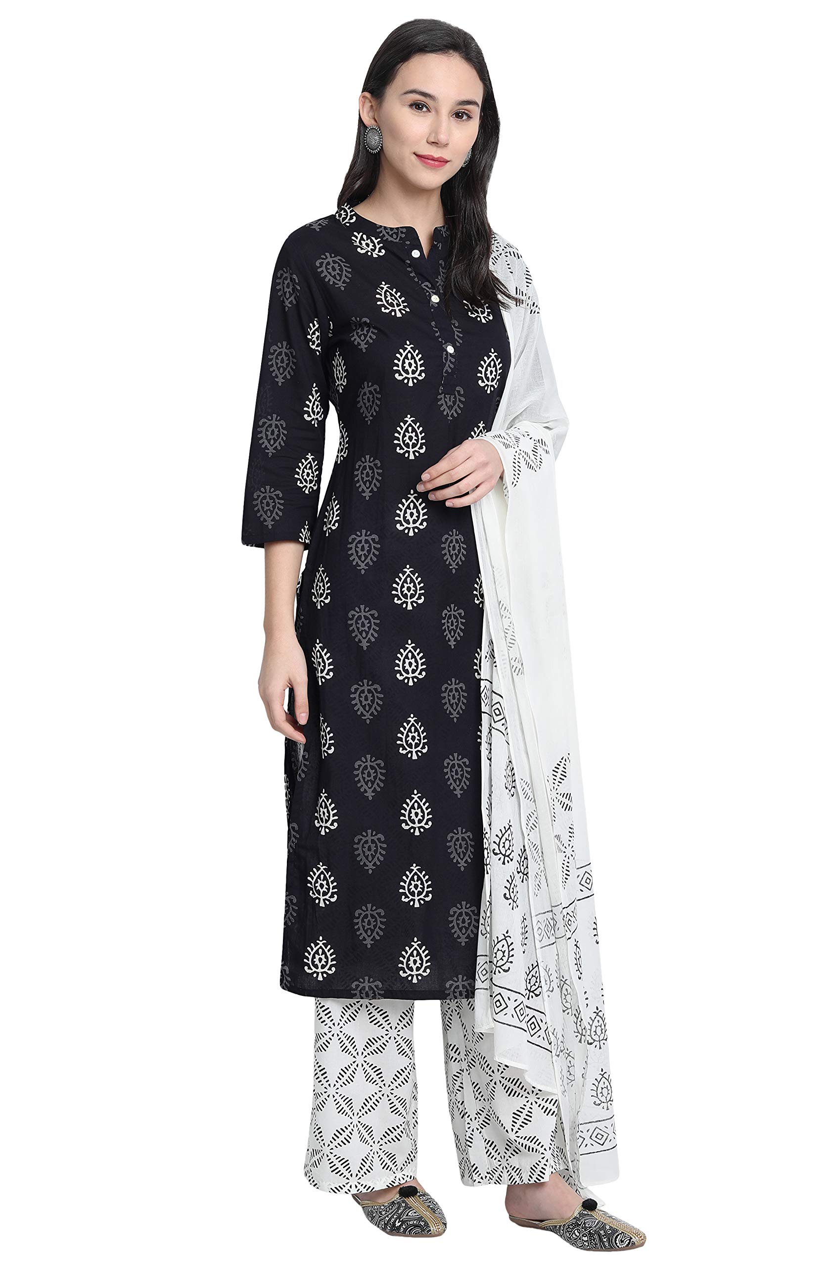 Janasya Indian Women's Black Cotton Kurta With Palazzo and Dupatta