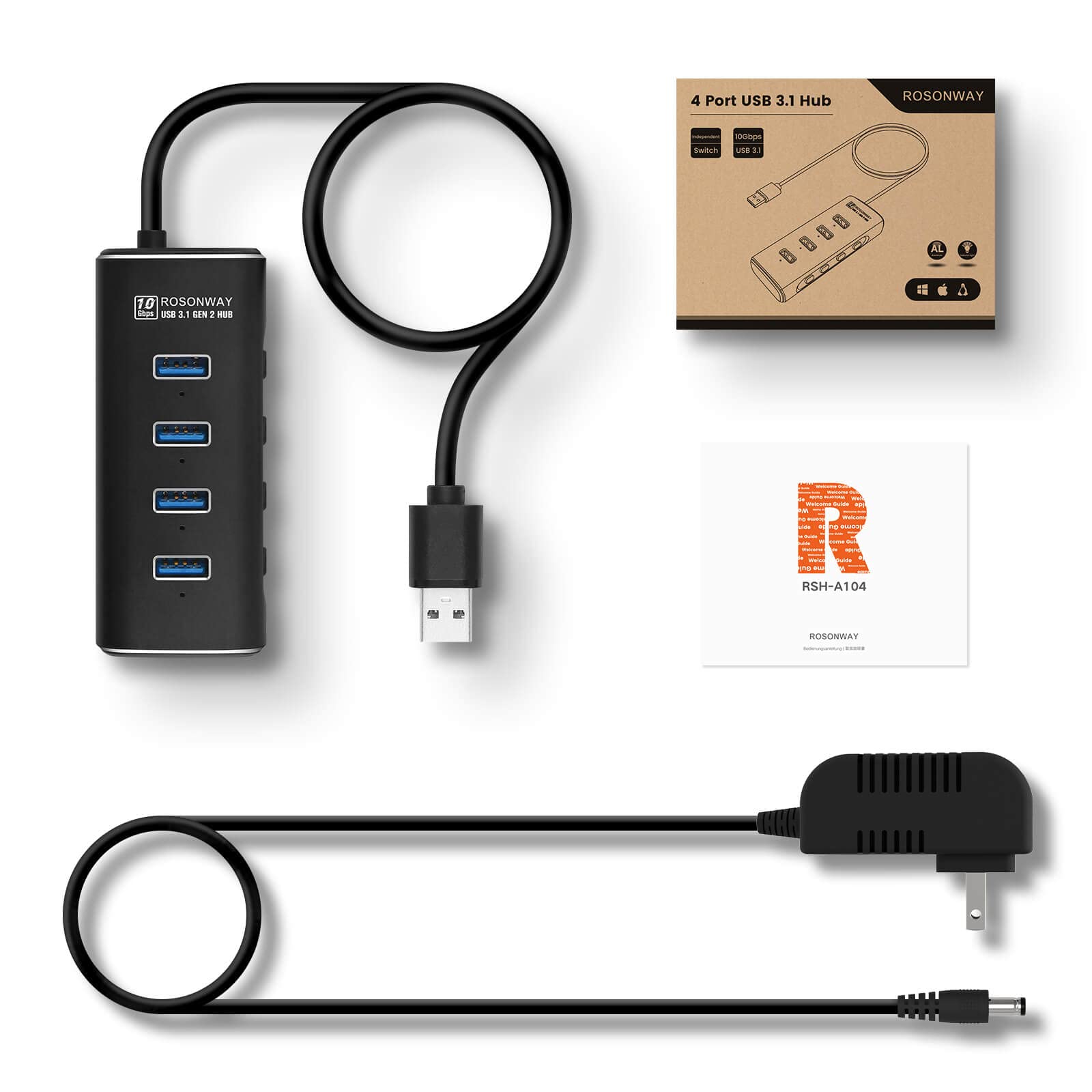 Rosonway 5 in 1 USB C Hub with 3 USB 3.2 10Gbps Data Ports, SD/TF Card Readers, 2ft Cable and Individual Switches, for PC, Laptops, M1 Mac Mini, iMac, MacBook Pro/Air, RSH-A104D