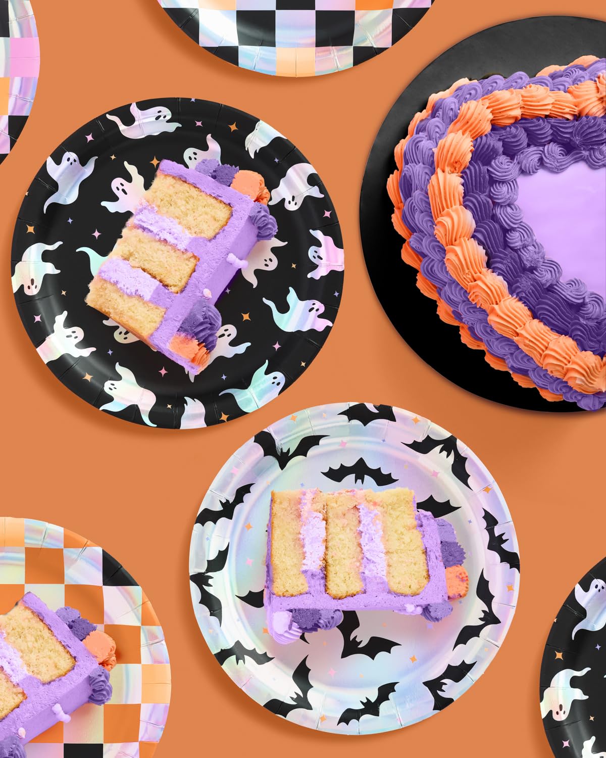 xo, Fetti Halloween Plates - 24 pcs | Halloween Tablescape, Spooky Season Setting, Haunted House Party, Checkered Kids Table Decor