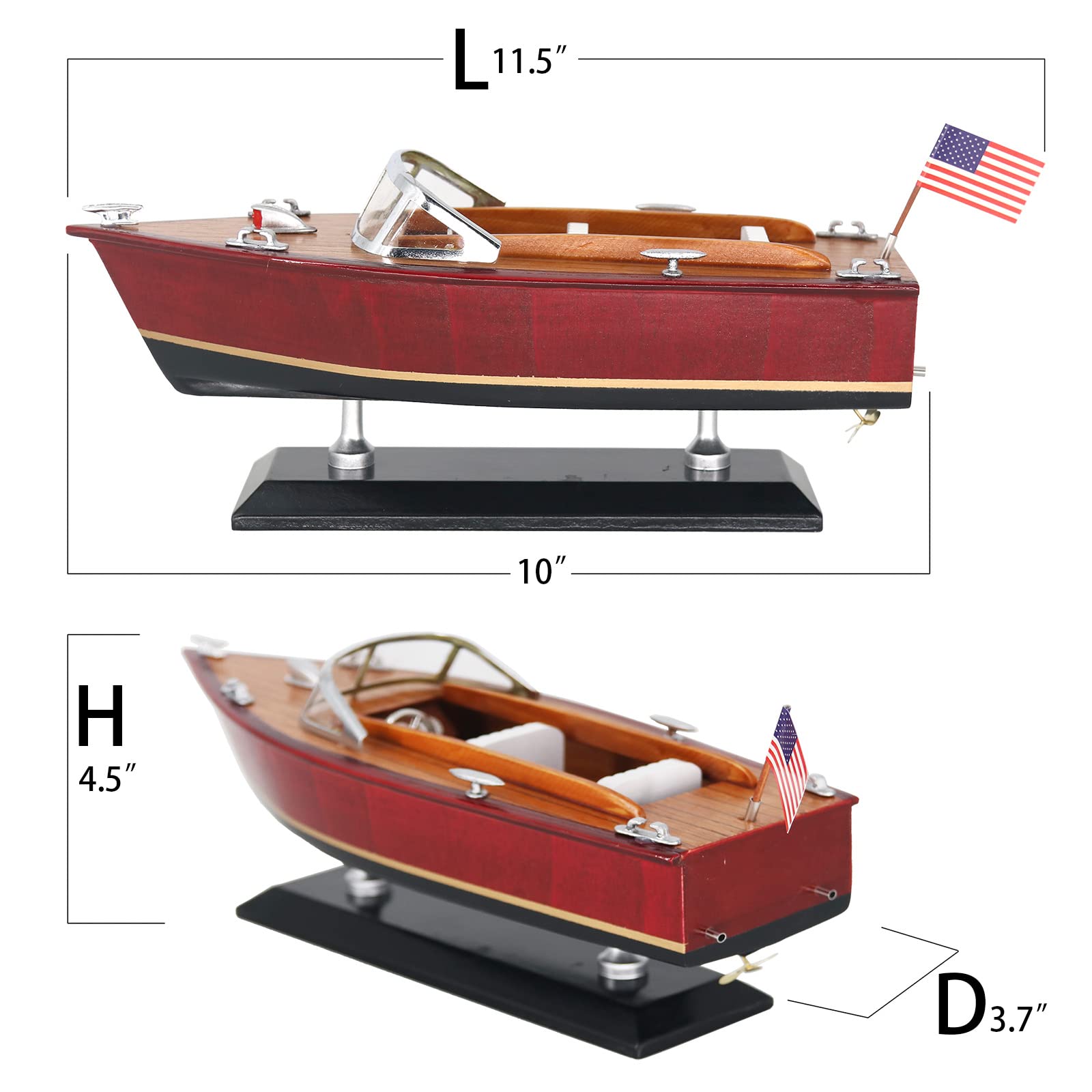 NAUTIMALL 10" Wooden Speedboat Model Ship Sailing runabout 1/27 Scale Replica Nautical Decoration (10β, Burgundy)