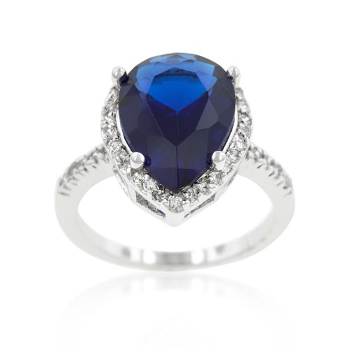 Kate Bissett Genuine Rhodium Plated Sapphire Blue Ring with Pear Shape Sapphire Blue Cubic Zirconia Size 7